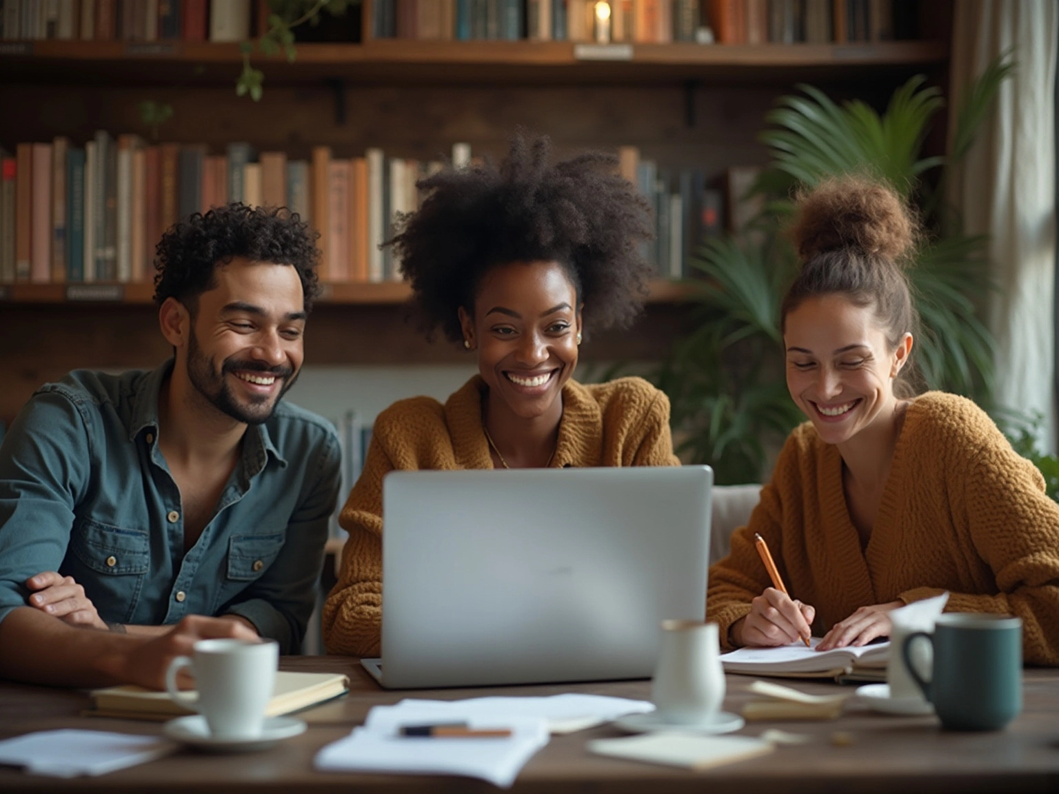 Writers Engaged with AI Tools in a Cozy Workspace