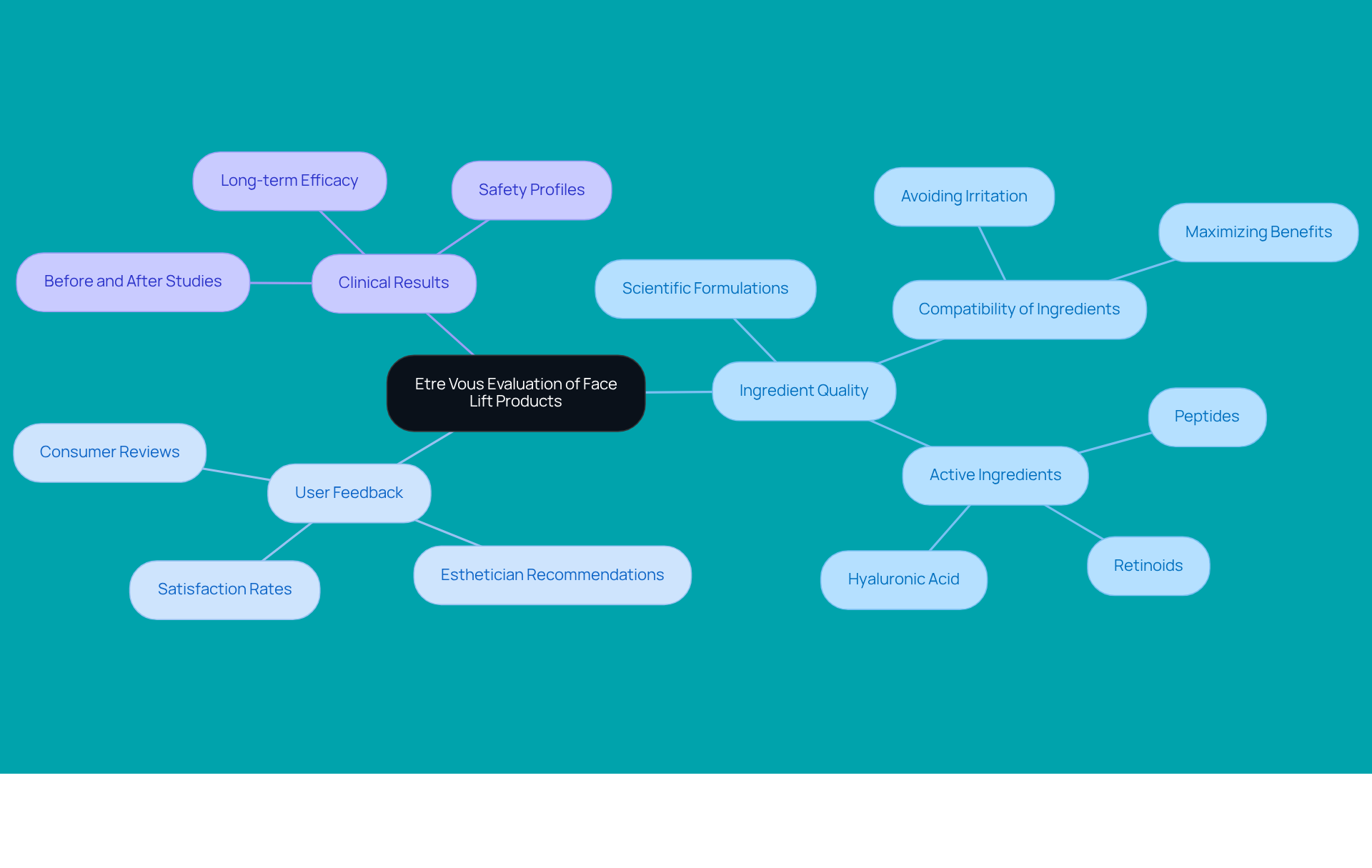 The center represents the main evaluation theme, while the branches show the different criteria we consider. Each color-coded branch helps you understand how we assess the products based on various important factors.
