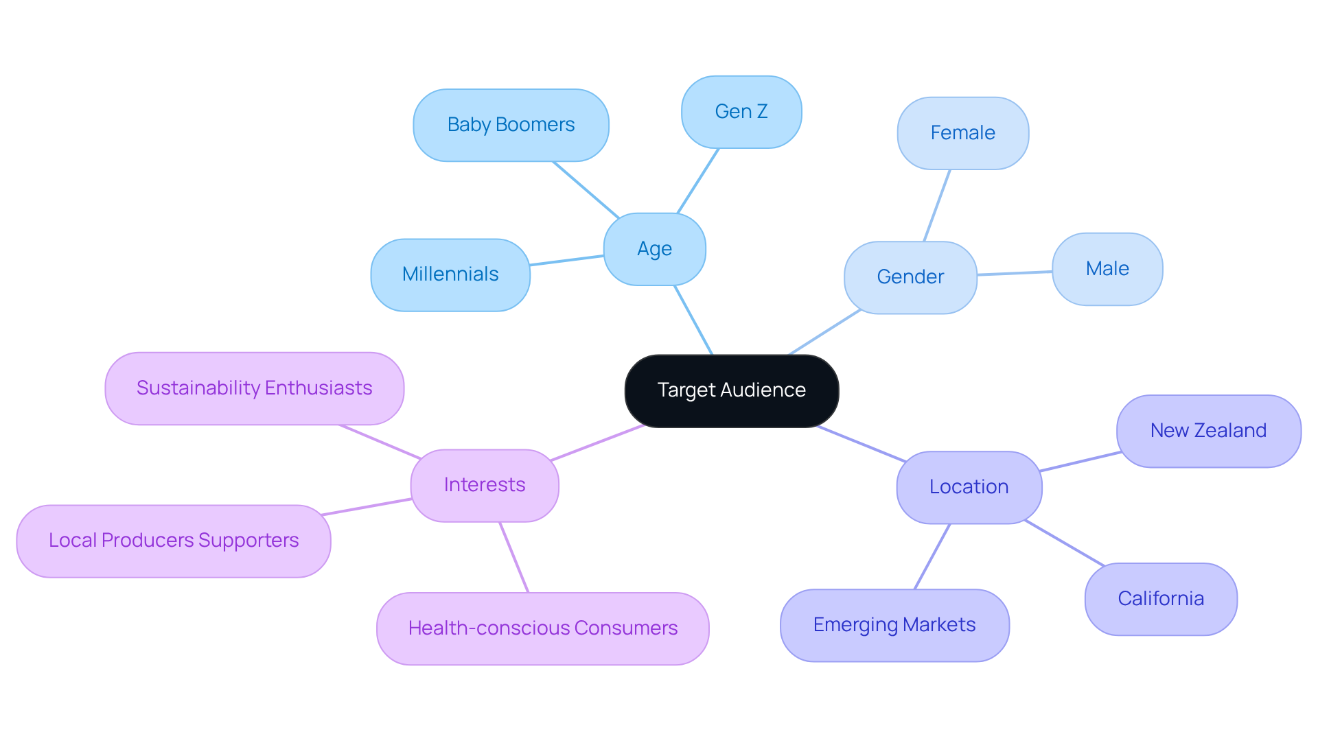 The central node represents your overall target audience, with branches showing different demographics and characteristics that help define who your ideal customers are.