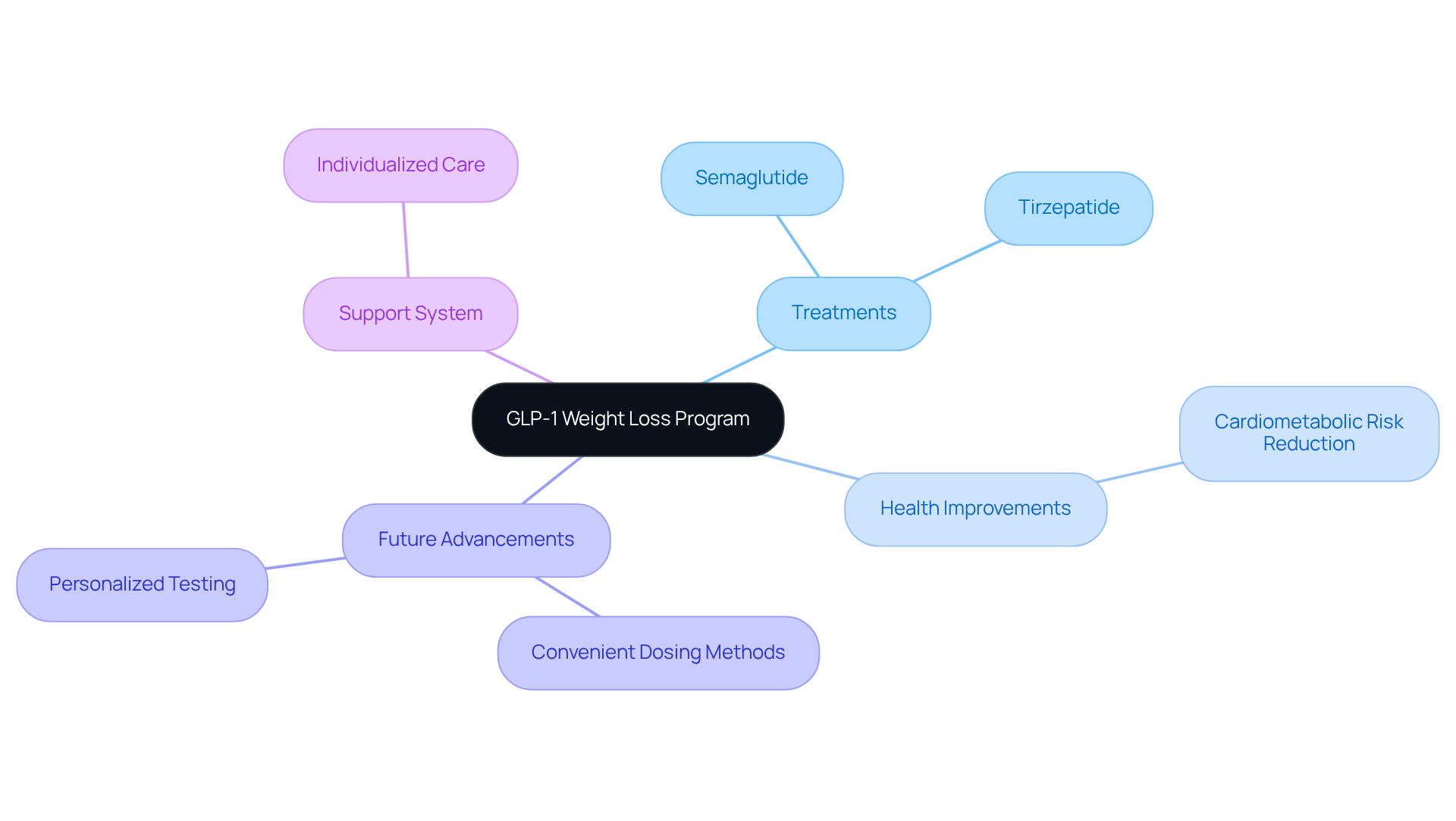 The central node represents the main program, while branches show different aspects like treatments and future plans. Each color-coded branch helps you see how everything connects, making it easier to grasp the comprehensive approach to weight management. The central node represents the main program, while branches show different aspects like treatments and future plans. Each color-coded branch helps you see how everything connects, making it easier to grasp the comprehensive approach to weight management.