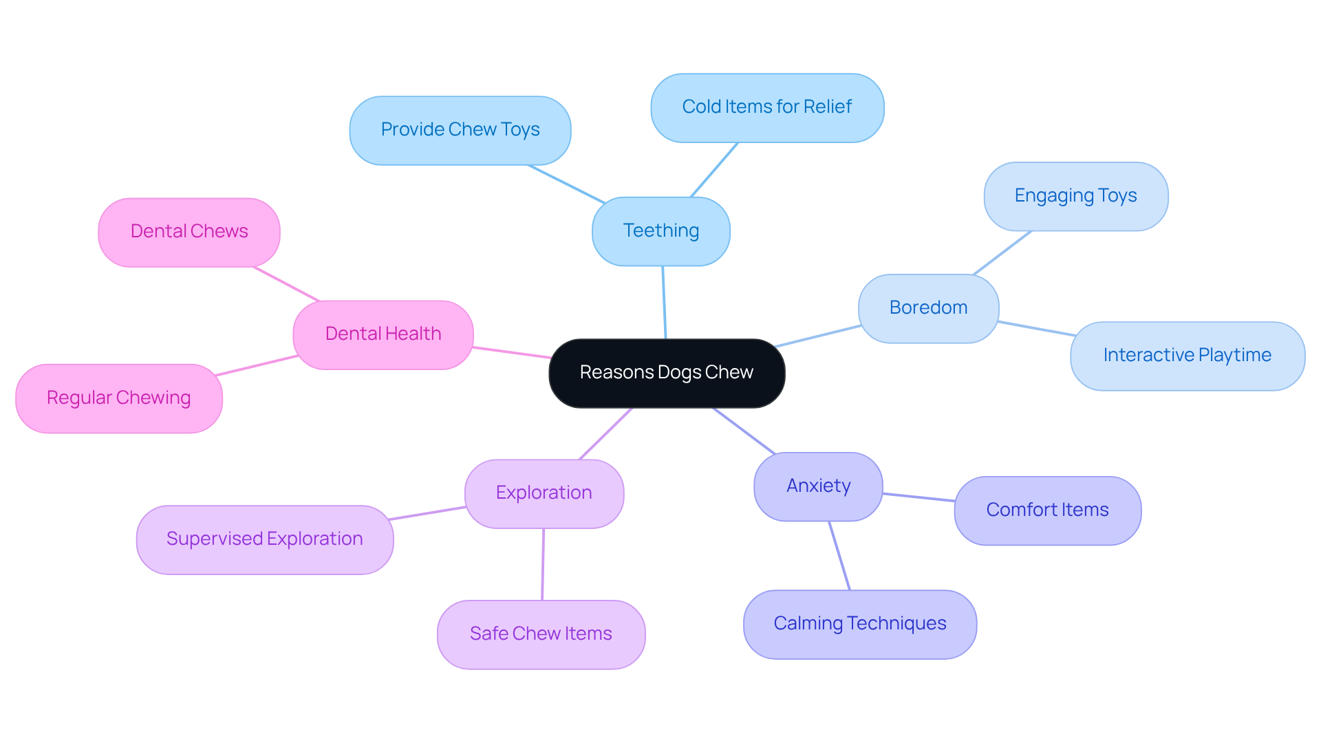 The central node shows the main topic, and each branch represents a different reason why dogs chew. Follow the branches to explore specific behaviors and how you can support your dog in each area. The central node shows the main topic, and each branch represents a different reason why dogs chew. Follow the branches to explore specific behaviors and how you can support your dog in each area.