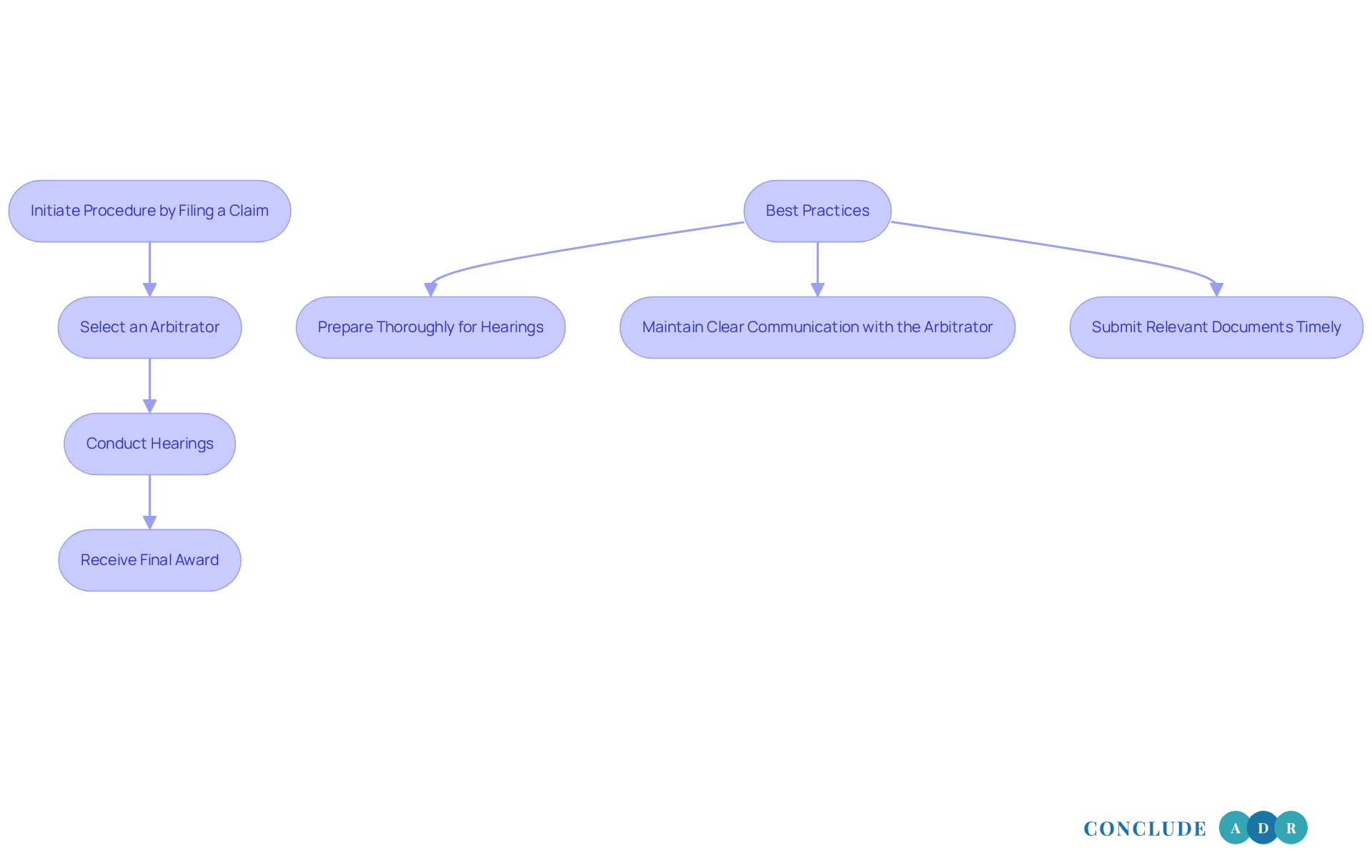 Follow the boxes from the top to the bottom to see how to navigate the arbitration process. The side section lists best practices that can help you during each step.