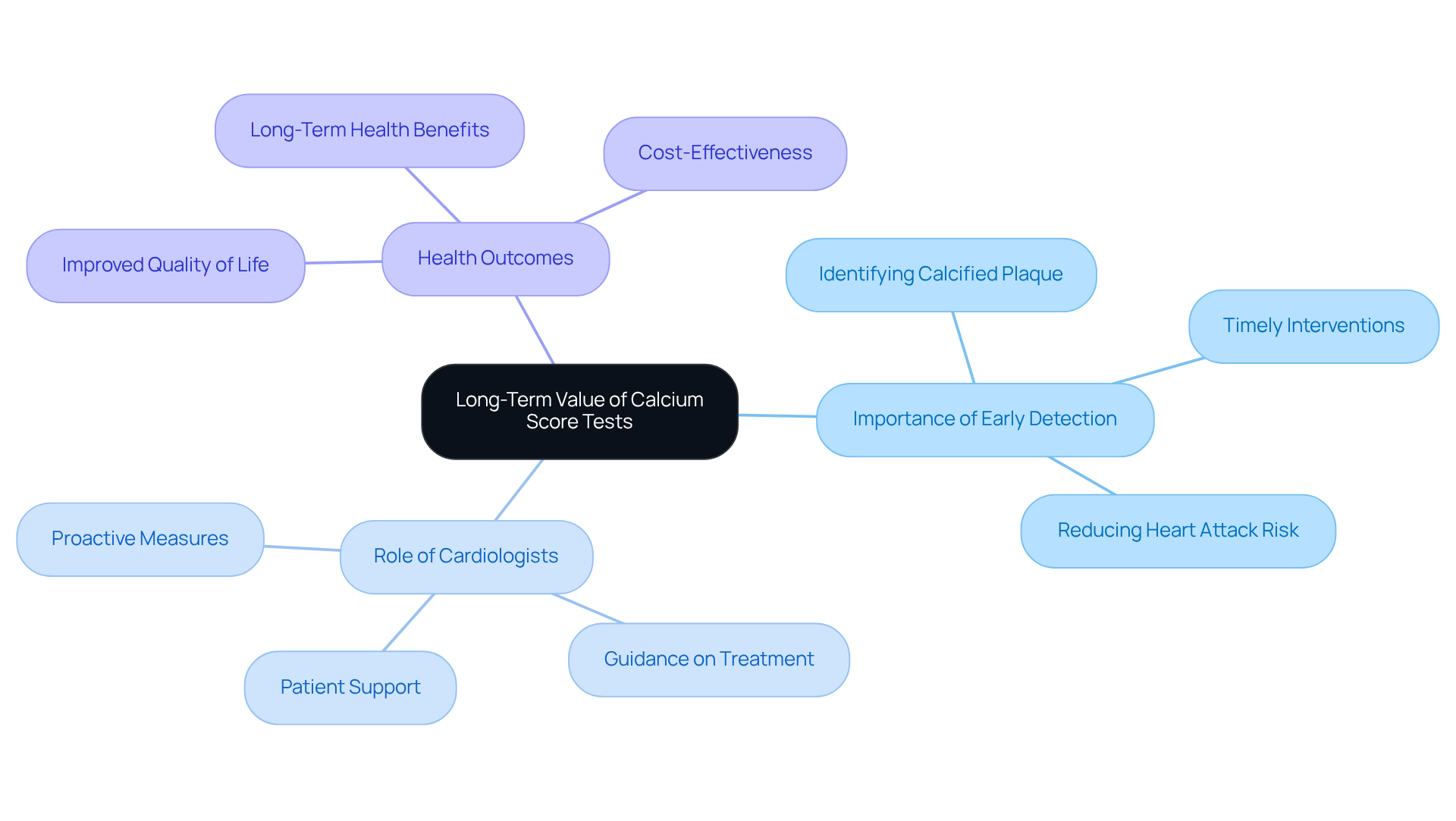 The central node represents the main topic, while the branches show related ideas and actions that support the importance of calcium score tests in maintaining heart health.
