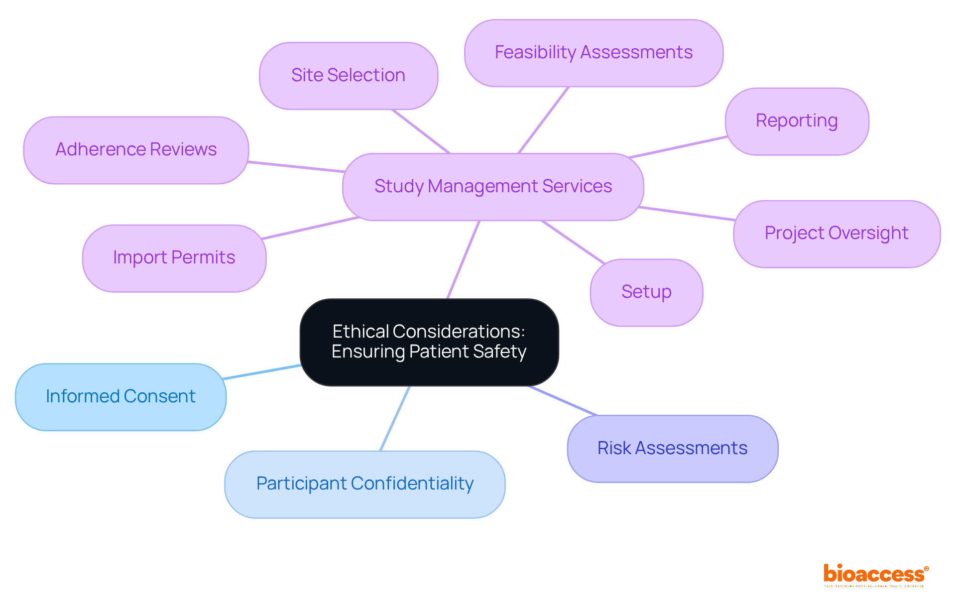 The central node represents the main theme of patient safety in clinical investigations. Branches represent key ethical considerations and the specific services that support these considerations, illustrating their interconnectedness.