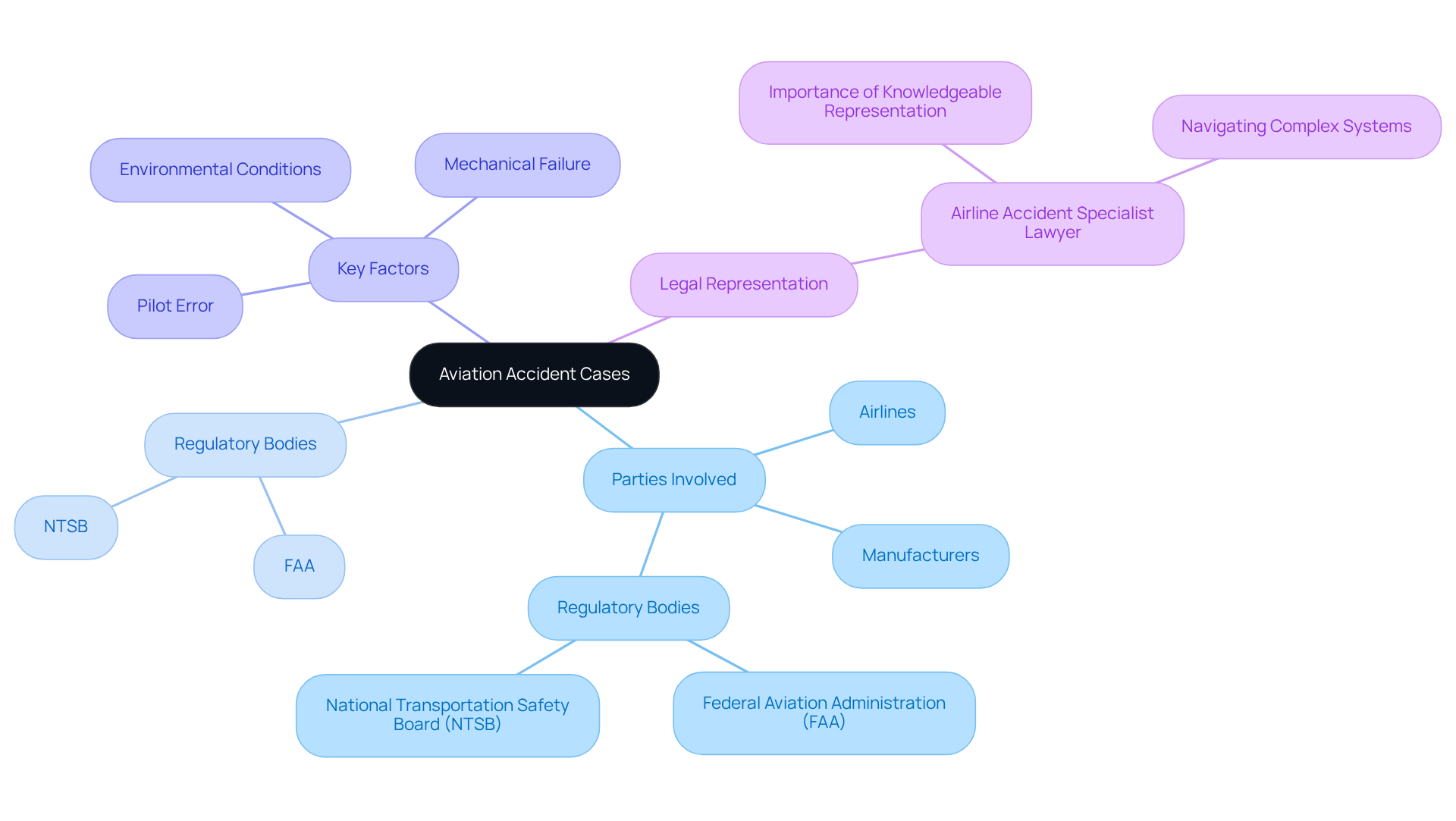 The center represents aviation accident cases, with branches showing the various parties, regulatory bodies, and factors involved. Each branch helps you understand the intricate web of relationships that define these cases.