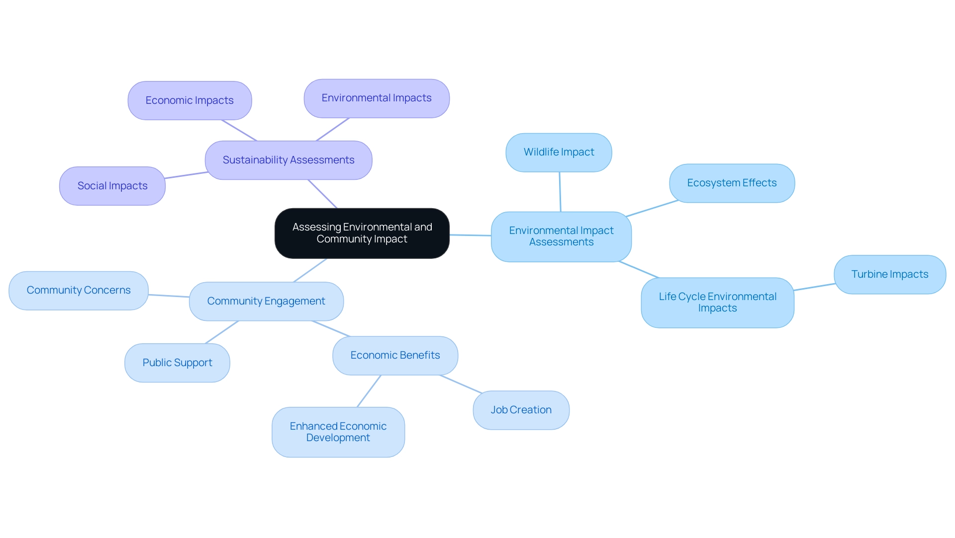 The central node represents the overall topic, with branches indicating the three key areas of focus: Environmental Impact Assessments, Community Engagement, and Sustainability Assessments.