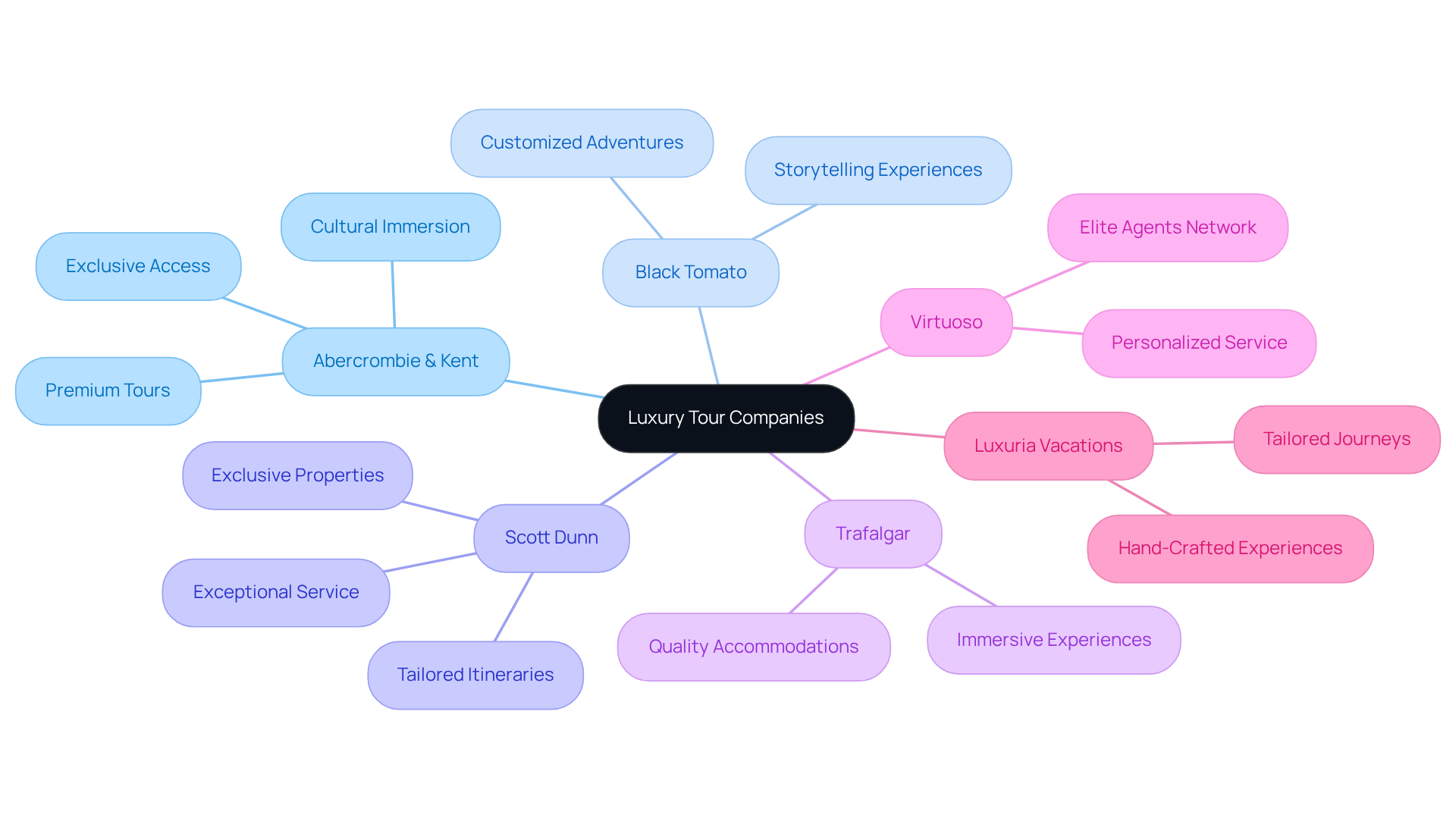 The central node represents the luxury tour market, while each branch shows a different company and its unique offerings. Explore the branches to discover what makes each company special!