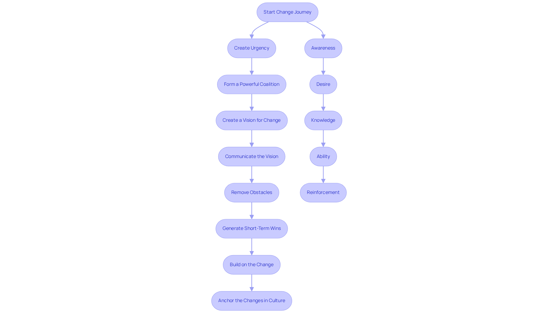 This flowchart shows the steps organizations can take to manage change effectively. Follow the arrows to see how each step leads to the next, helping you navigate the transformation process.