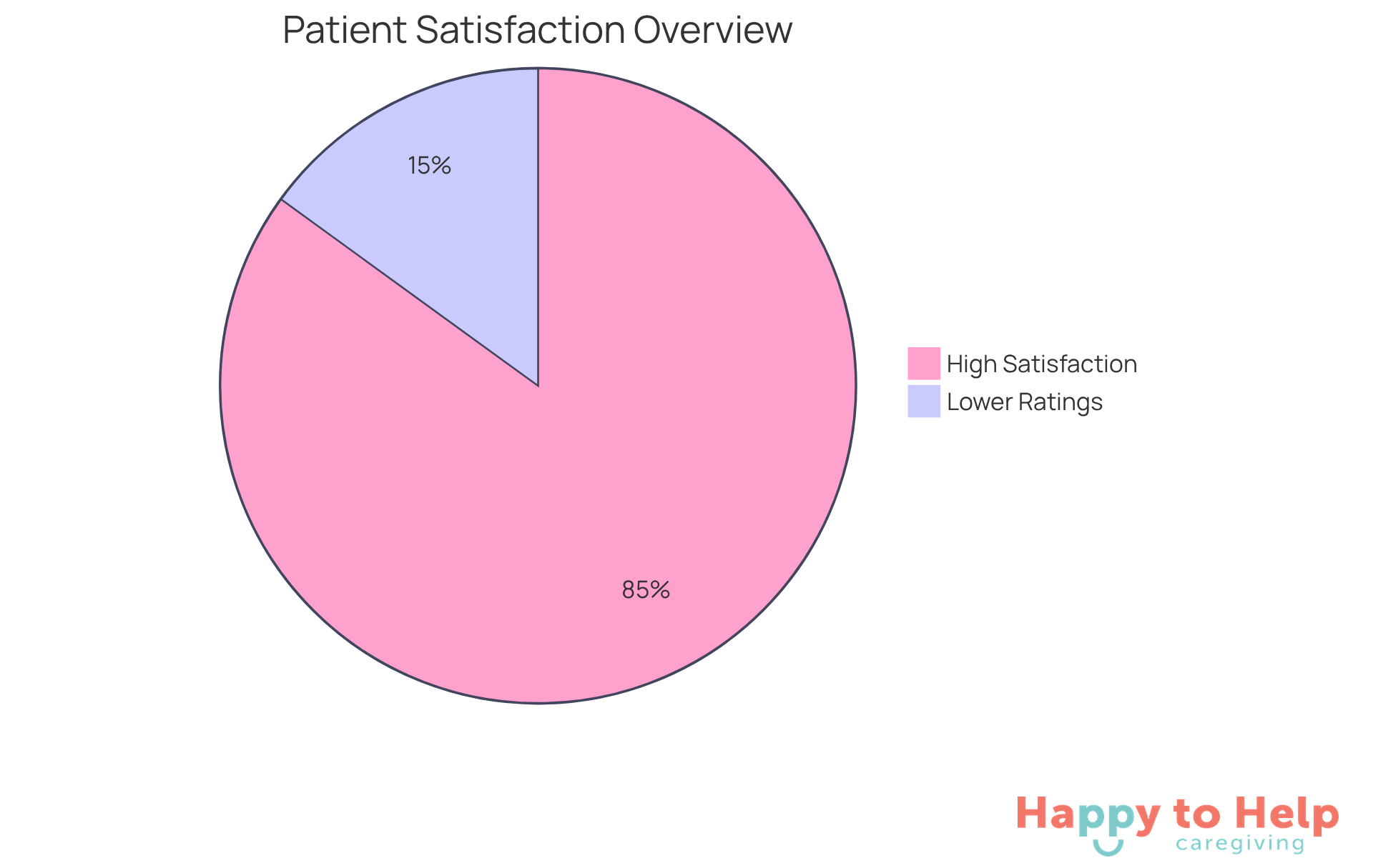The green segment shows the percentage of patients who are highly satisfied with their care, while the red segment represents those who rated their experience lower. The turnover rate is a reminder of the challenges faced in the industry.