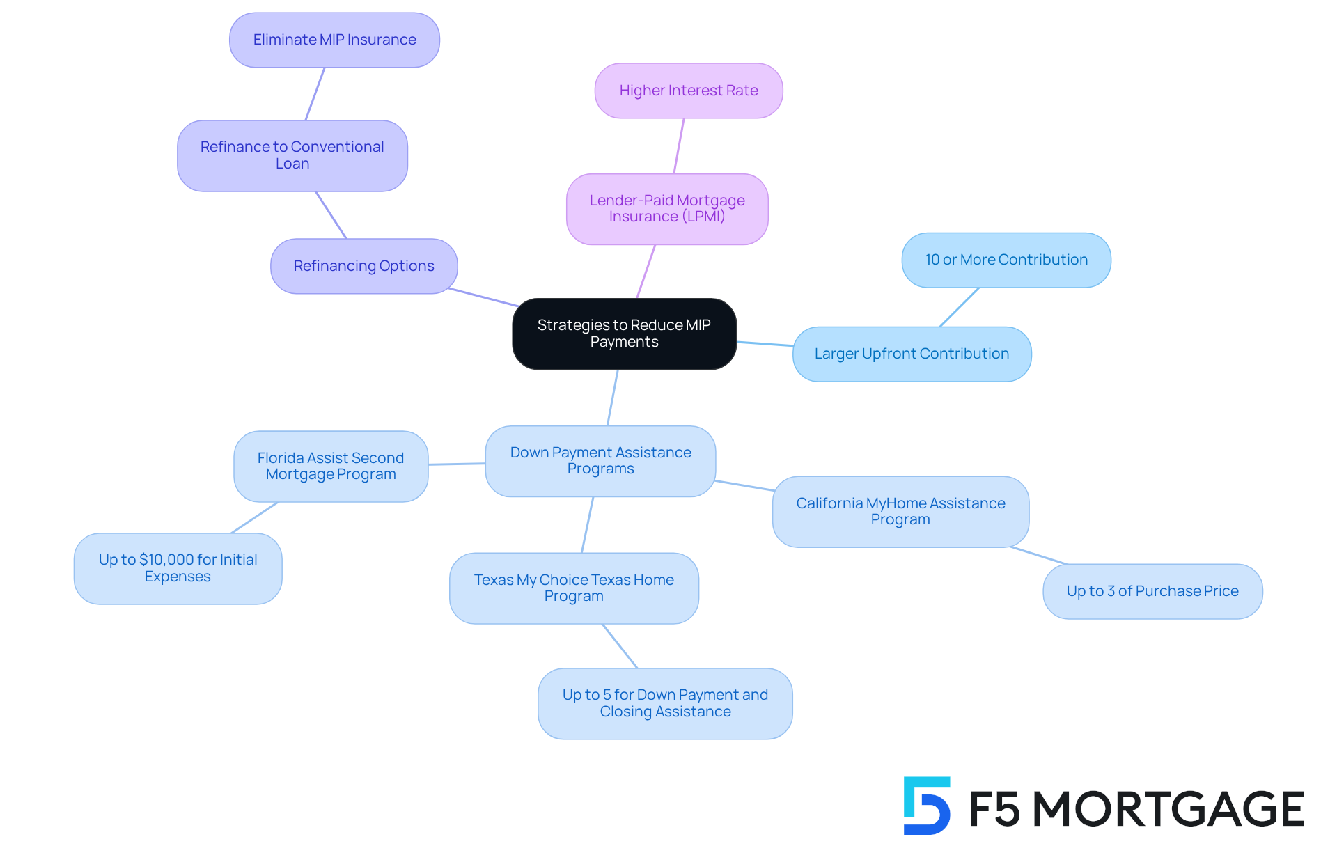 The central node represents the main goal of reducing MIP payments, while the branches show different strategies you can take. Each color-coded branch leads to specific actions or programs that can help you save money.