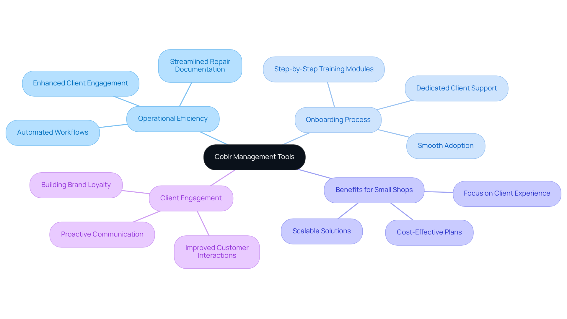 The central node represents Coblr's tools, while the branches show how they improve efficiency, support onboarding, and benefit small businesses. Follow the branches to explore each aspect and see how they connect to the main idea.