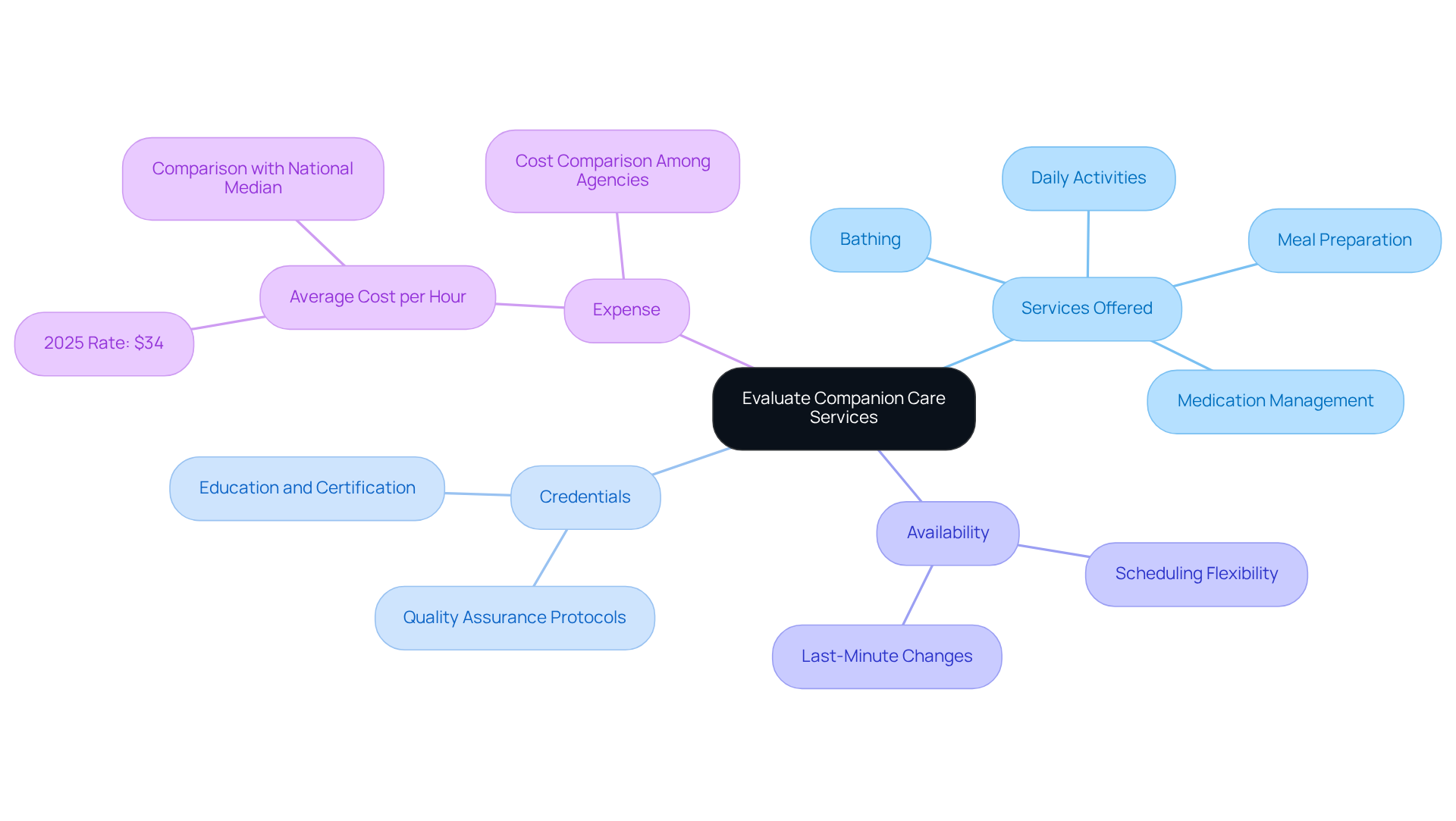 The center represents the main task of evaluating care services. Branch out to see all the important factors you need to consider, each with specific details to help guide your decision-making.