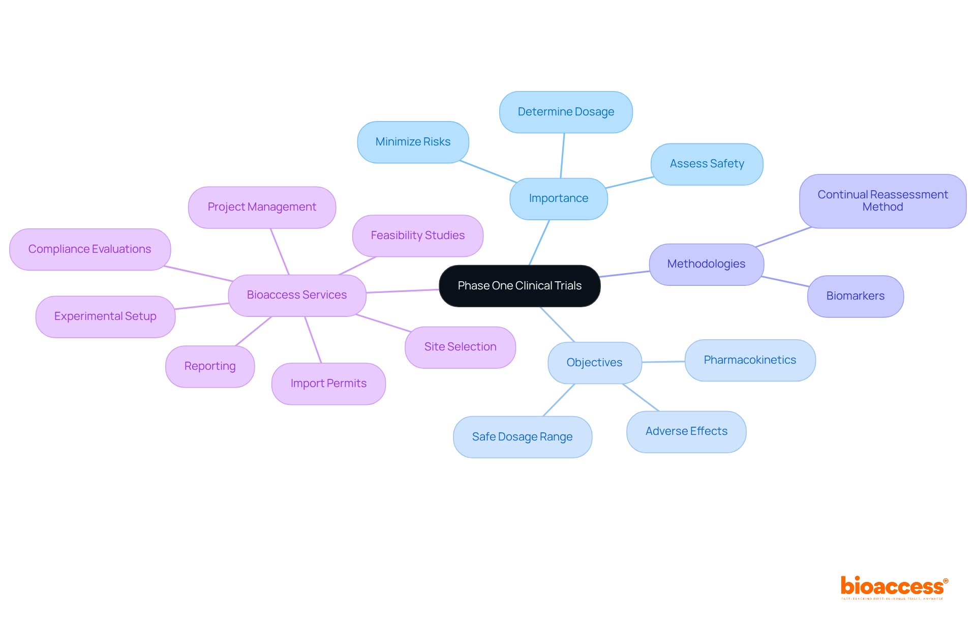The central node represents the main topic, while the branches show the key areas related to clinical trials. Each sub-branch provides specific details, helping you understand the structure and significance of this critical phase in drug development.