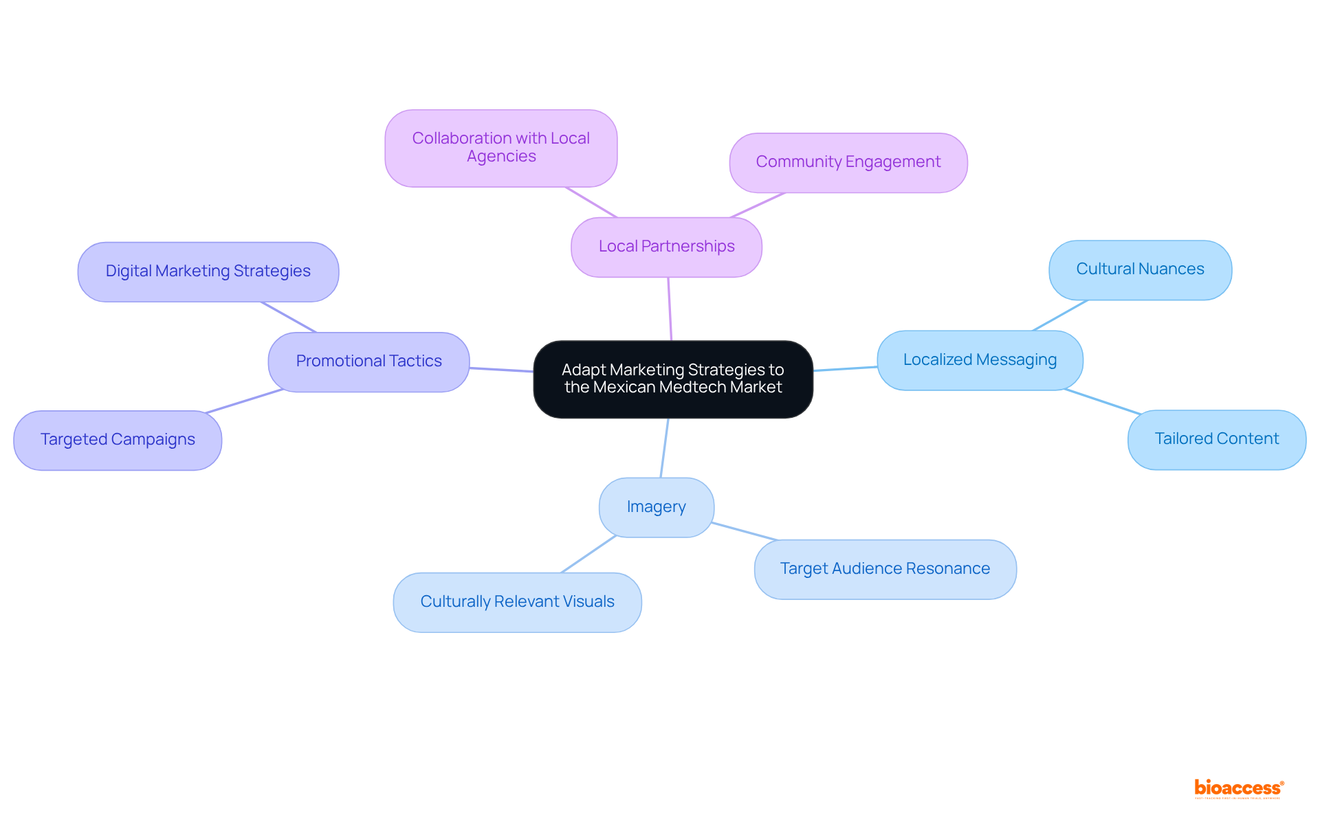 The central idea is surrounded by strategies that help businesses connect with the Mexican market. Each branch represents a key area of focus, and sub-branches provide specific tactics to implement.