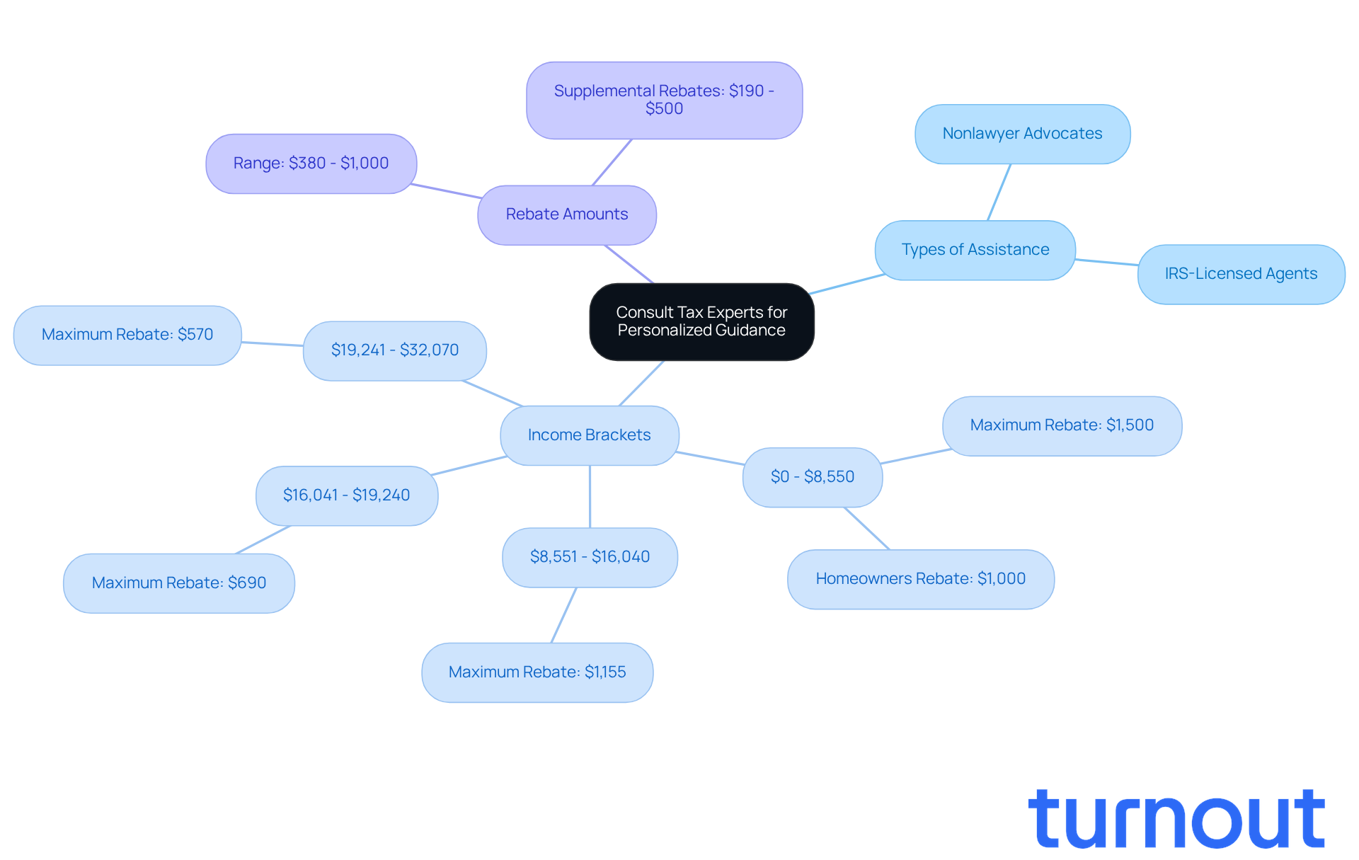The center represents the main idea of seeking tax expert help, while the branches show different aspects of this guidance, including types of professionals available, income ranges for rebates, and the amounts you could receive.