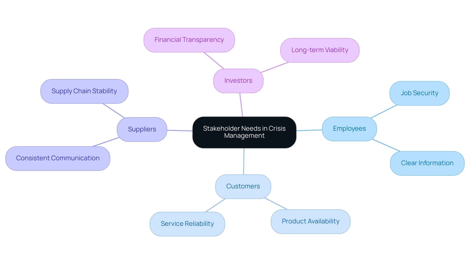 Each branch represents a stakeholder group, with sub-branches detailing specific needs and concerns related to crisis management.