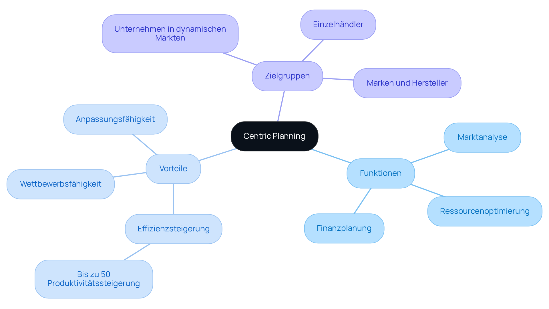 In der Mitte steht die Hauptidee, Centric Planning. Die Äste zeigen die Funktionen und Vorteile der Software, die Unternehmen helfen, ihre strategischen Ziele zu erreichen.