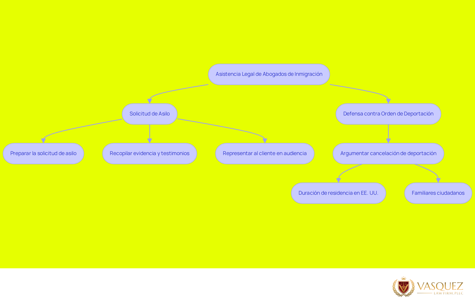 Cada paso en el diagrama representa una acción que los abogados realizan para ayudar a sus clientes. Sigue las flechas para entender cómo se desarrolla cada caso.