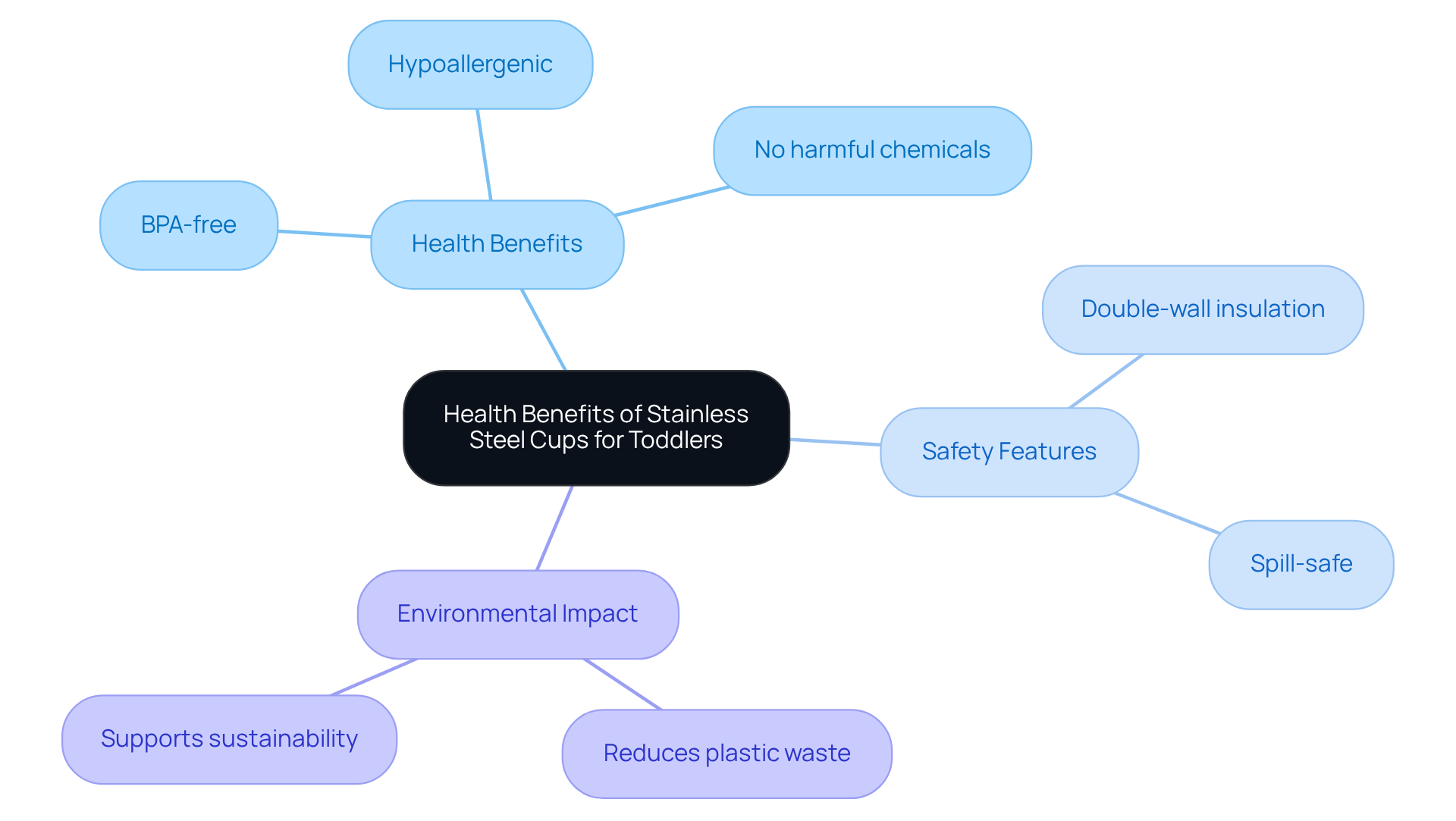 This mindmap shows the key reasons why stainless steel cups are a great choice for toddlers. Each branch represents a different aspect of safety and health, helping you see how they all connect to the main idea of keeping your child safe. This mindmap shows the key reasons why stainless steel cups are a great choice for toddlers. Each branch represents a different aspect of safety and health, helping you see how they all connect to the main idea of keeping your child safe.