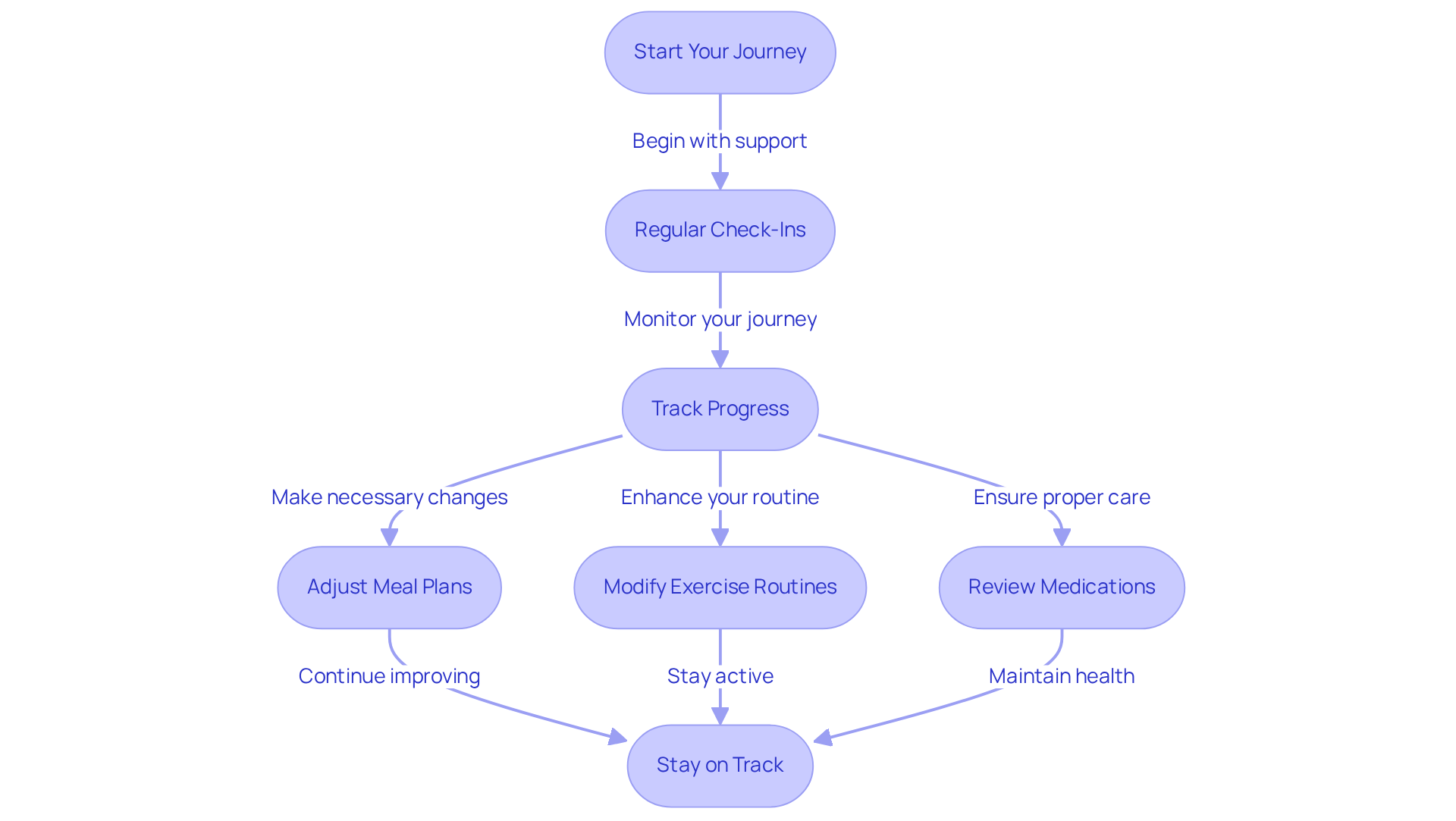 This flowchart shows the steps you can take on your weight loss journey. Start with regular check-ins to track your progress, then adjust your meal plans, exercise routines, and medications as needed. Each step is designed to help you stay on track and achieve your goals.
