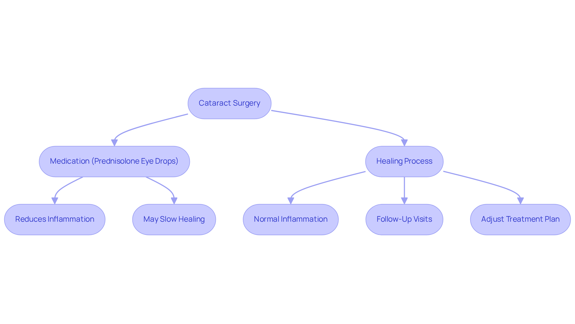 This flowchart outlines the steps involved in healing after cataract surgery. It shows how medication can help reduce inflammation but may also slow down healing. Follow the arrows to understand the relationship between medication, healing, and the importance of follow-up visits.