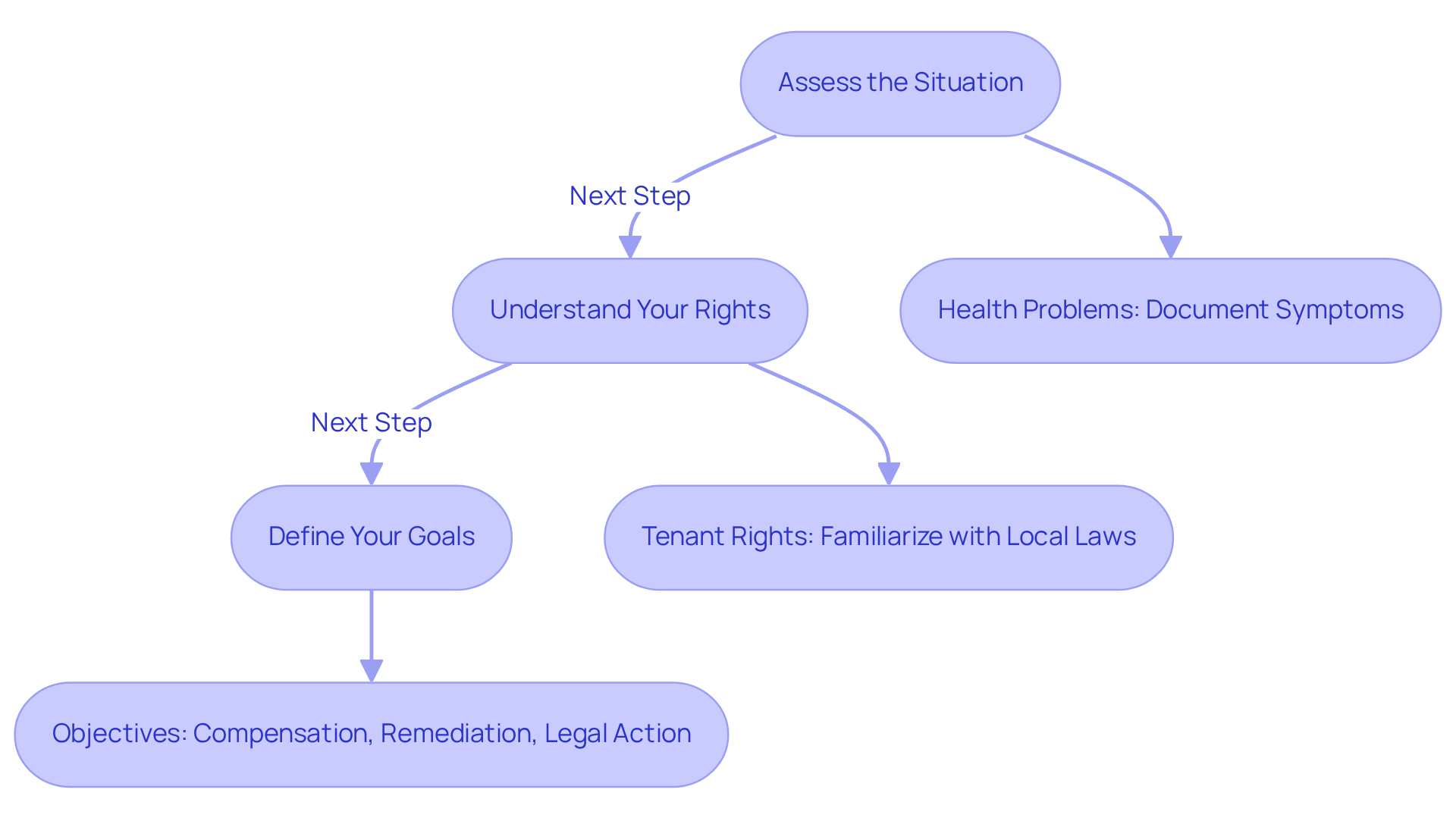 Follow the arrows to see the steps you need to take. Each box represents a key action: assessing your situation, understanding your rights, and defining your goals. This will help you navigate mold-related legal issues effectively.