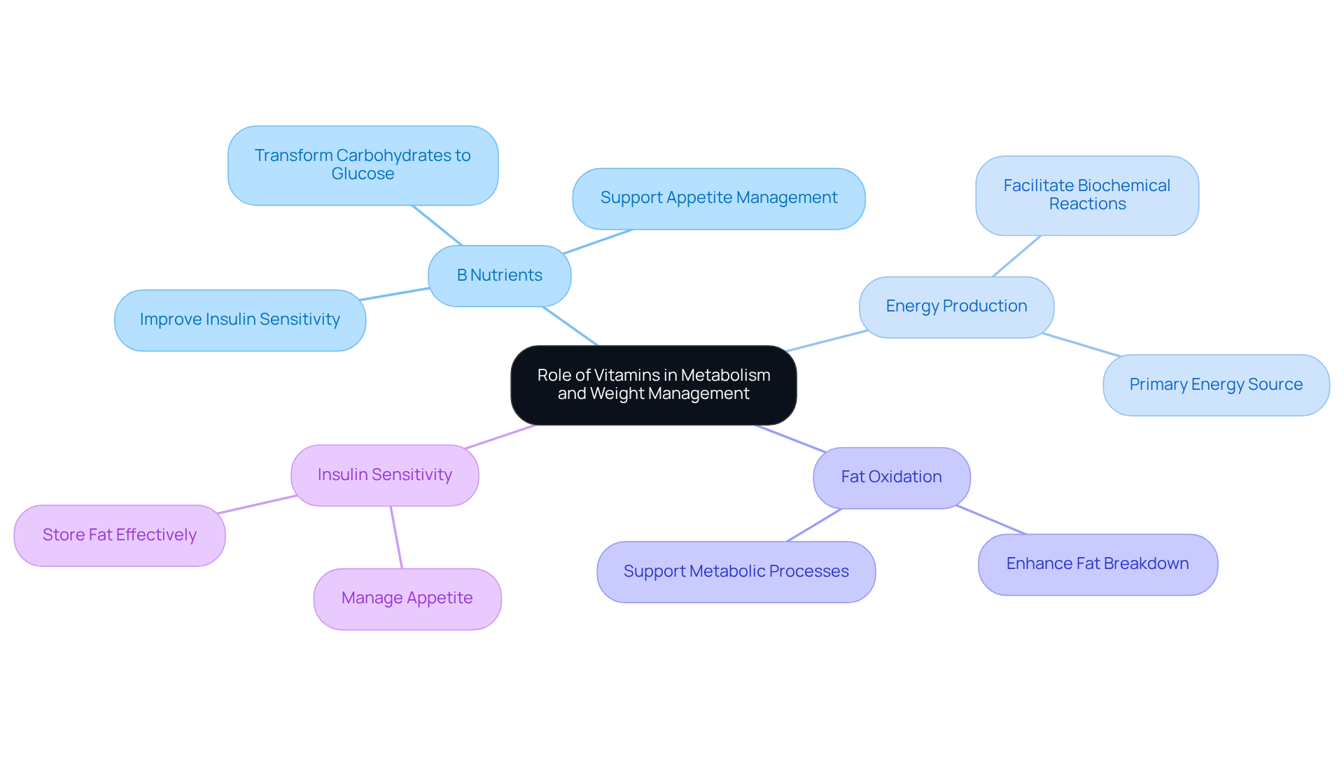 The central node represents the main topic, while branches show how B nutrients contribute to energy and weight management. Each sub-branch provides specific details about their functions. The central node represents the main topic, while branches show how B nutrients contribute to energy and weight management. Each sub-branch provides specific details about their functions.