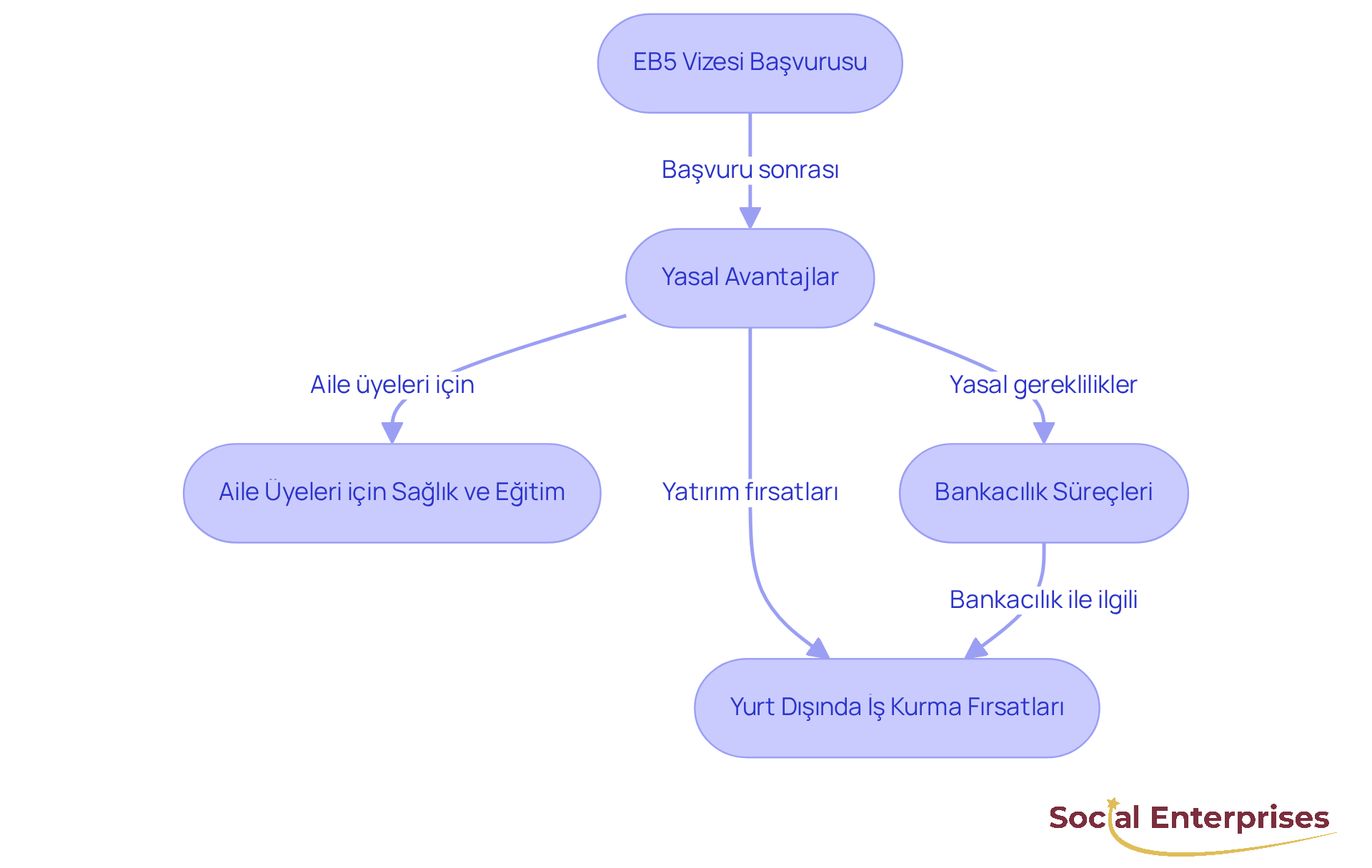 Bu akış diyagramı, EB5 vizesinin süreçlerini ve sunduğu fırsatları gösteriyor. Her kutu belirli bir aşamayı temsil ederken, oklar bu aşamaların nasıl ilerlediğini gösteriyor.