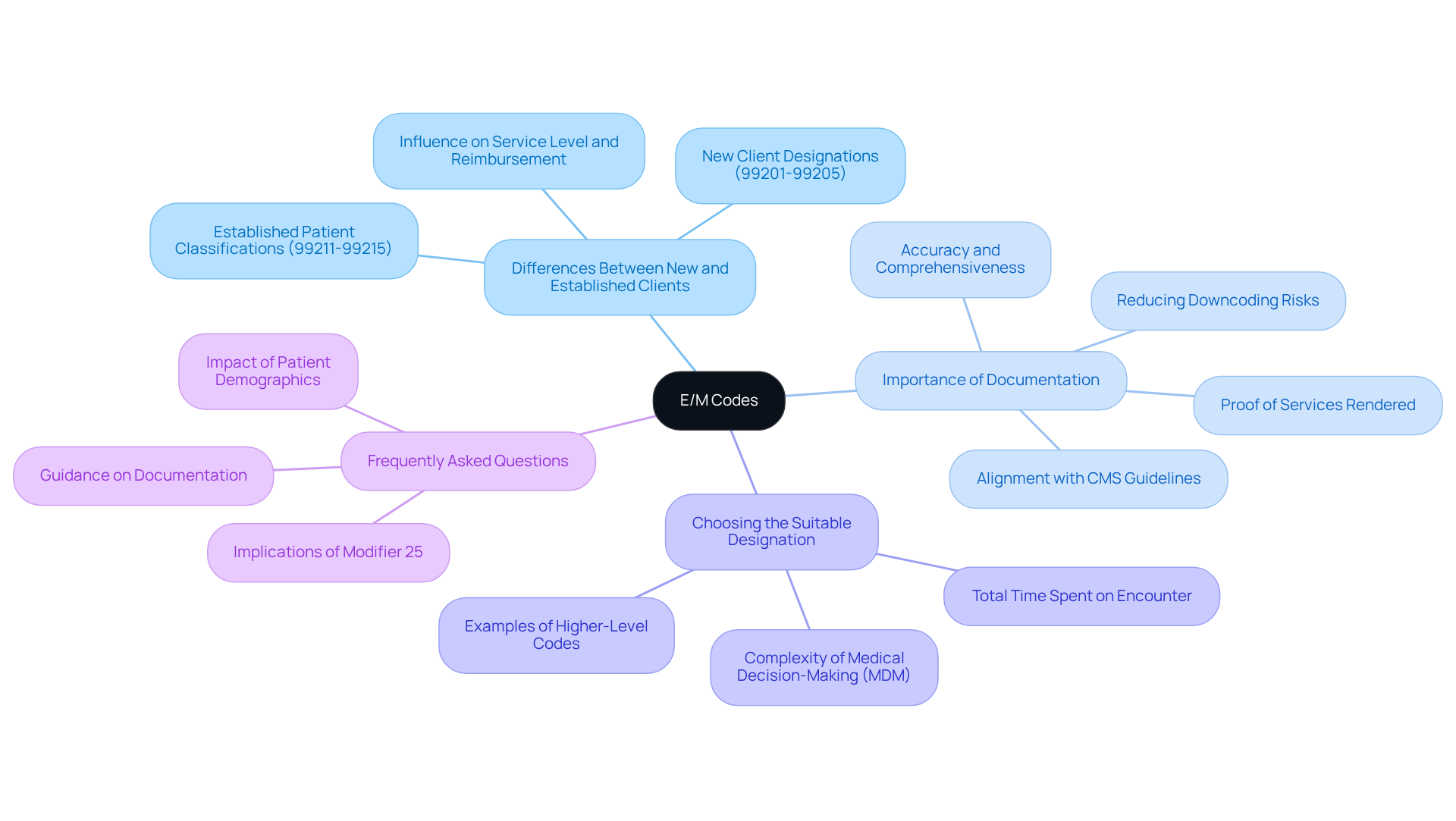 The central node represents E/M codes, while the branches illustrate important topics related to them. Each branch contains specific details that help clarify the complexities of E/M classifications.