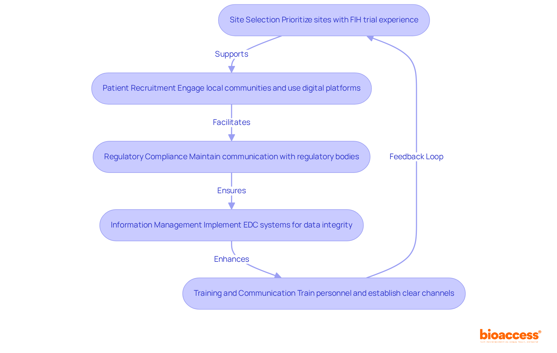 Each box in the flowchart represents a key strategy for conducting clinical trials. Follow the arrows to see how these strategies connect and support each other in navigating the complexities of clinical research.