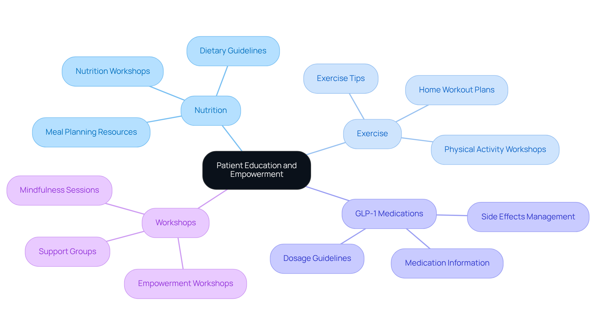 The center represents the core focus on education and empowerment. Each branch shows a different area of support, with sub-branches detailing specific resources or benefits that help clients on their weight loss journey. The center represents the core focus on education and empowerment. Each branch shows a different area of support, with sub-branches detailing specific resources or benefits that help clients on their weight loss journey.