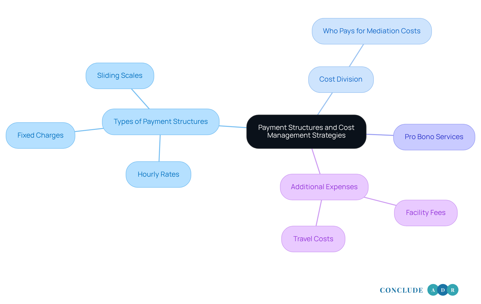 The central node represents the main topic, while the branches show different payment options and considerations. Each branch helps you explore how these structures can affect your financial planning in mediation.