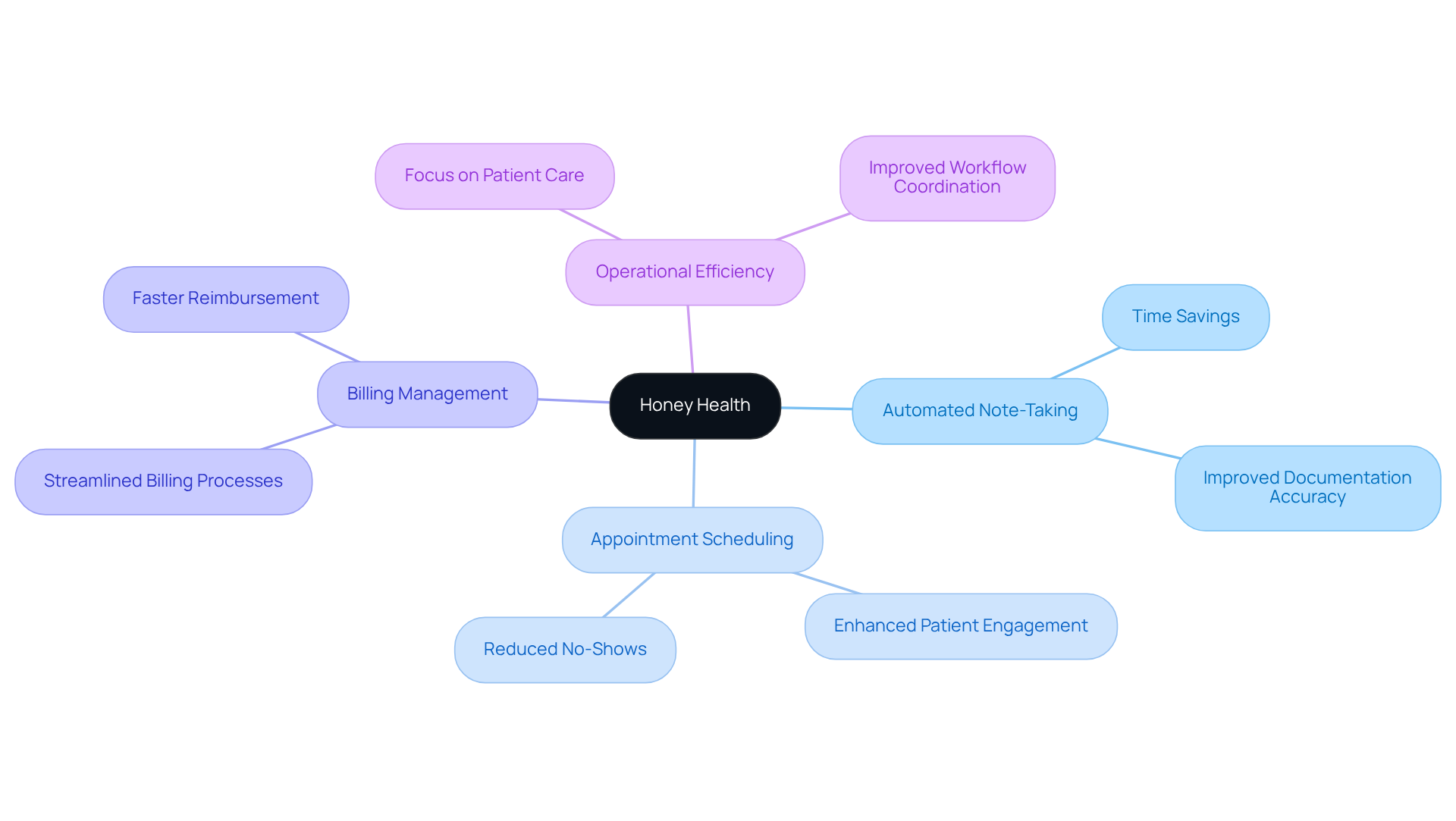 The center represents the software, and the branches show its features and the benefits they provide. Each color-coded branch helps you see how different aspects contribute to overall efficiency in healthcare.