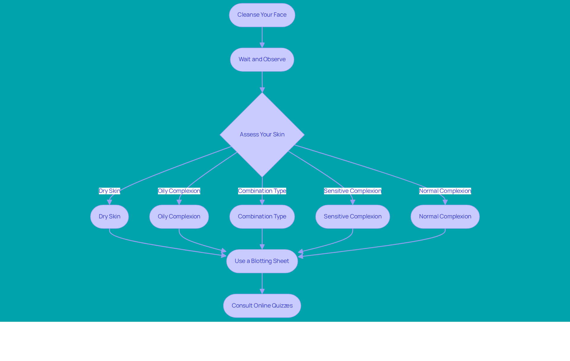 Each box represents a step in the process of identifying your skin type. Follow the arrows to see what to do next, and check the branches for specific skin type assessments.