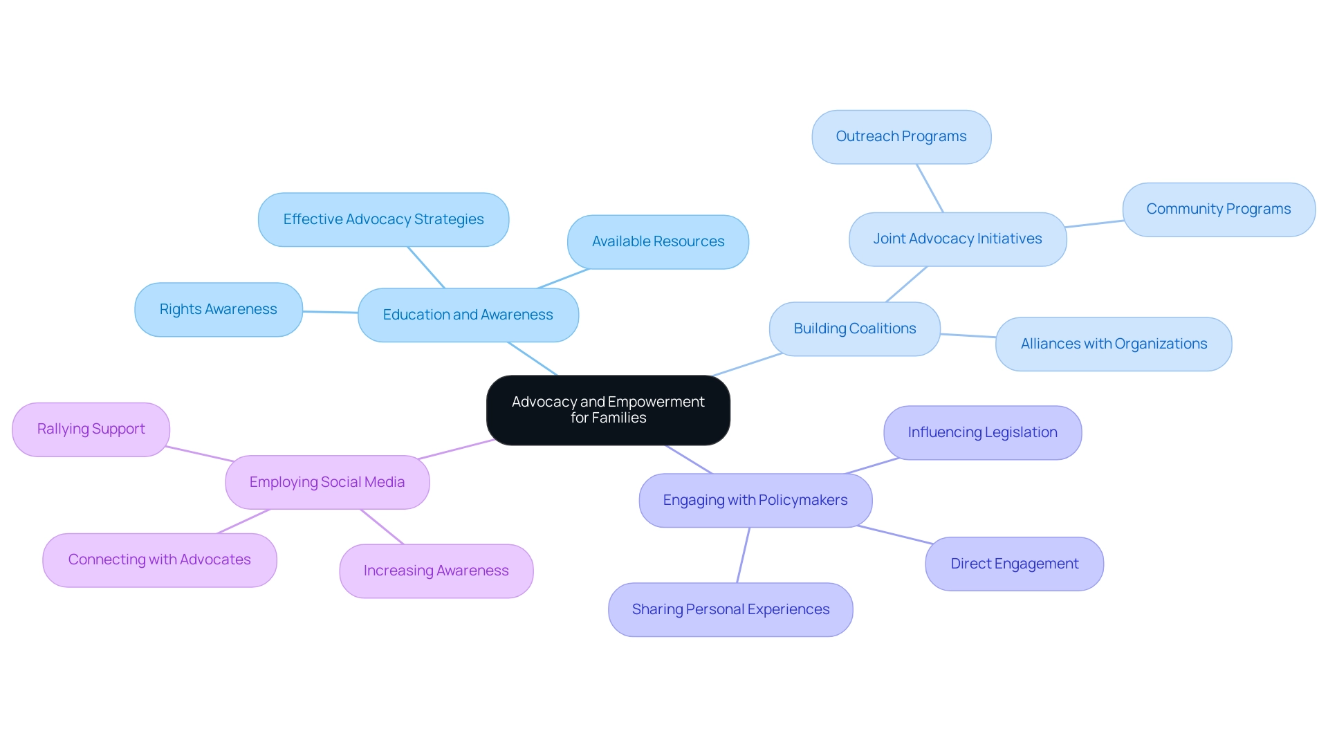 The central node represents the overall theme of advocacy, with branches showing key facets. Each color corresponds to a different advocacy strategy and its related components.