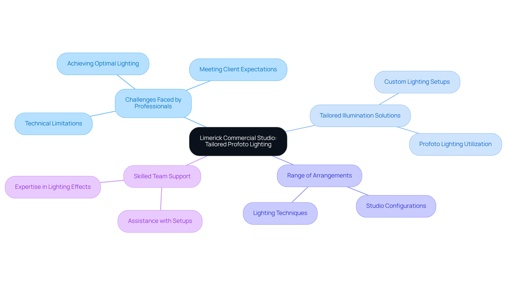 This mindmap starts with the main idea of tailored lighting solutions and branches out to show the various aspects of the studio's offerings. Each branch represents a different focus area, helping you understand how the studio addresses the needs of professional image makers.