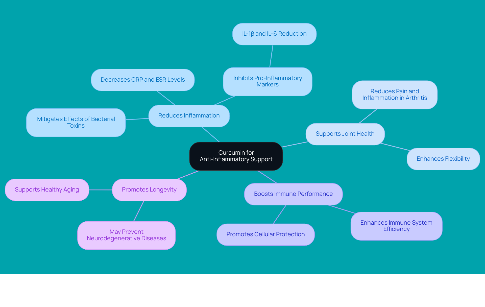 The central node represents curcumin, and each branch shows a different health benefit. Follow the branches to explore how curcumin can support your health in various ways.