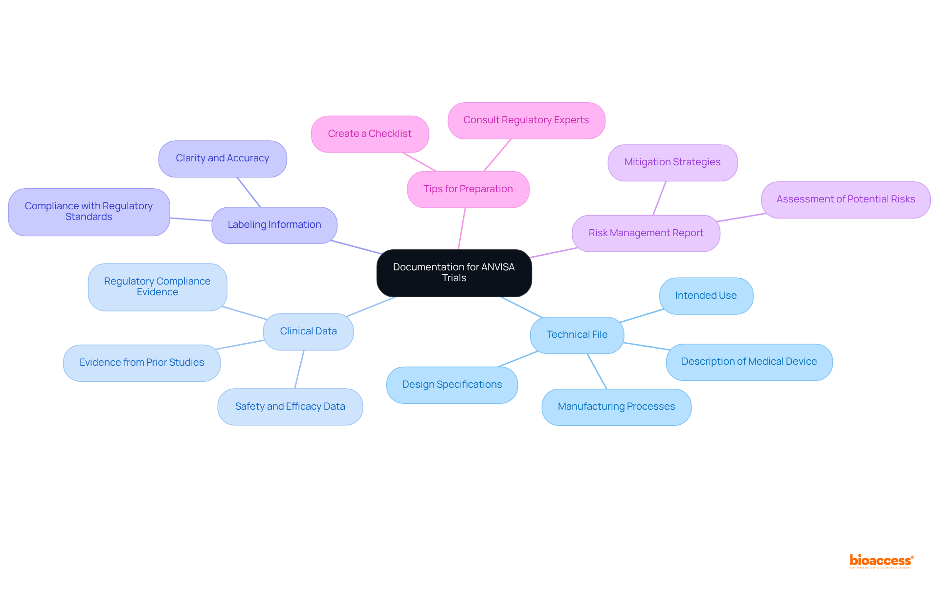 Begin at the center with the main topic, then explore each branch to discover the specific documents needed and tips for successful preparation.