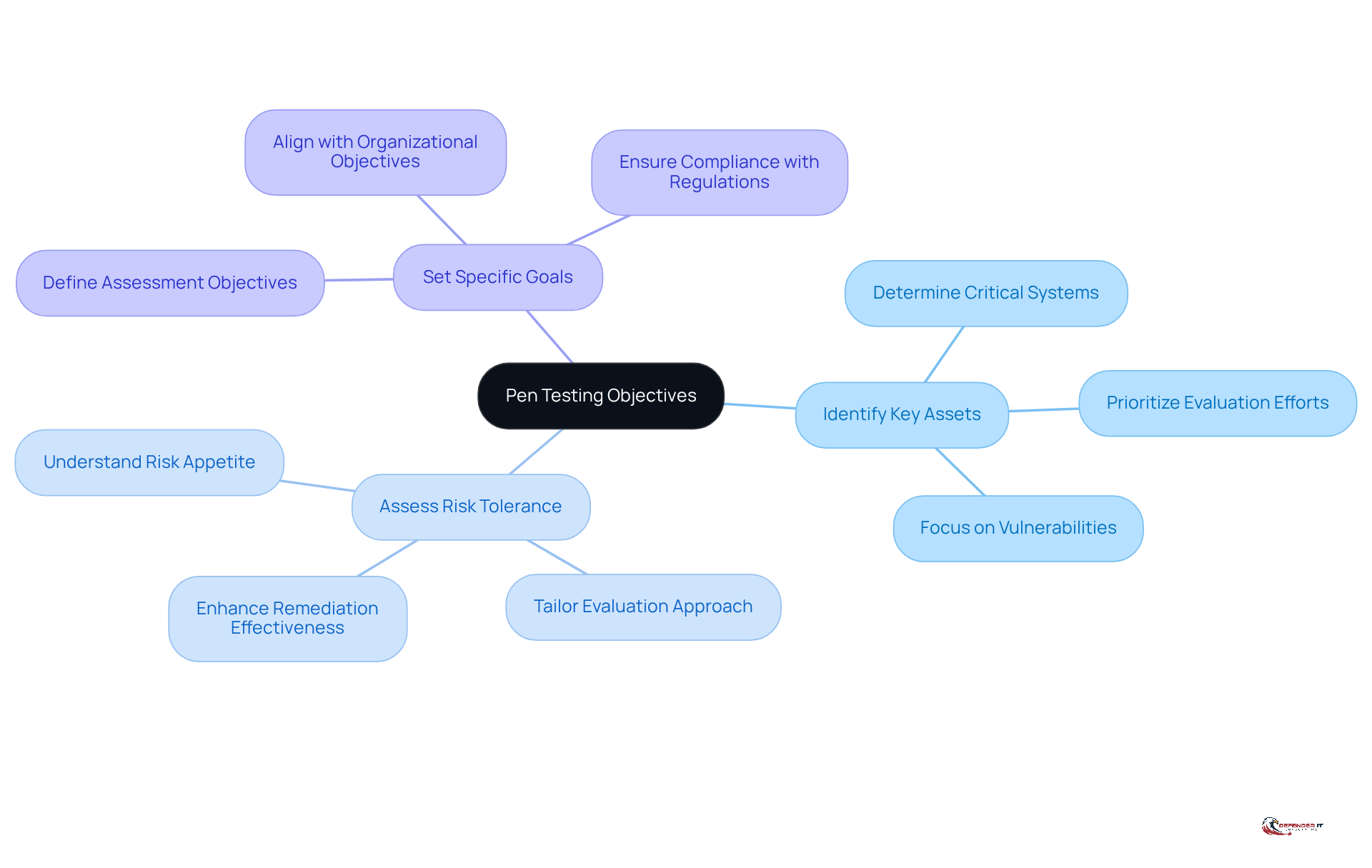 Start at the center with the main goal of defining pen testing objectives. Follow the branches to see the key steps organizations should take, and explore the sub-steps that provide more detail on each main category. Start at the center with the main goal of defining pen testing objectives. Follow the branches to see the key steps organizations should take, and explore the sub-steps that provide more detail on each main category.