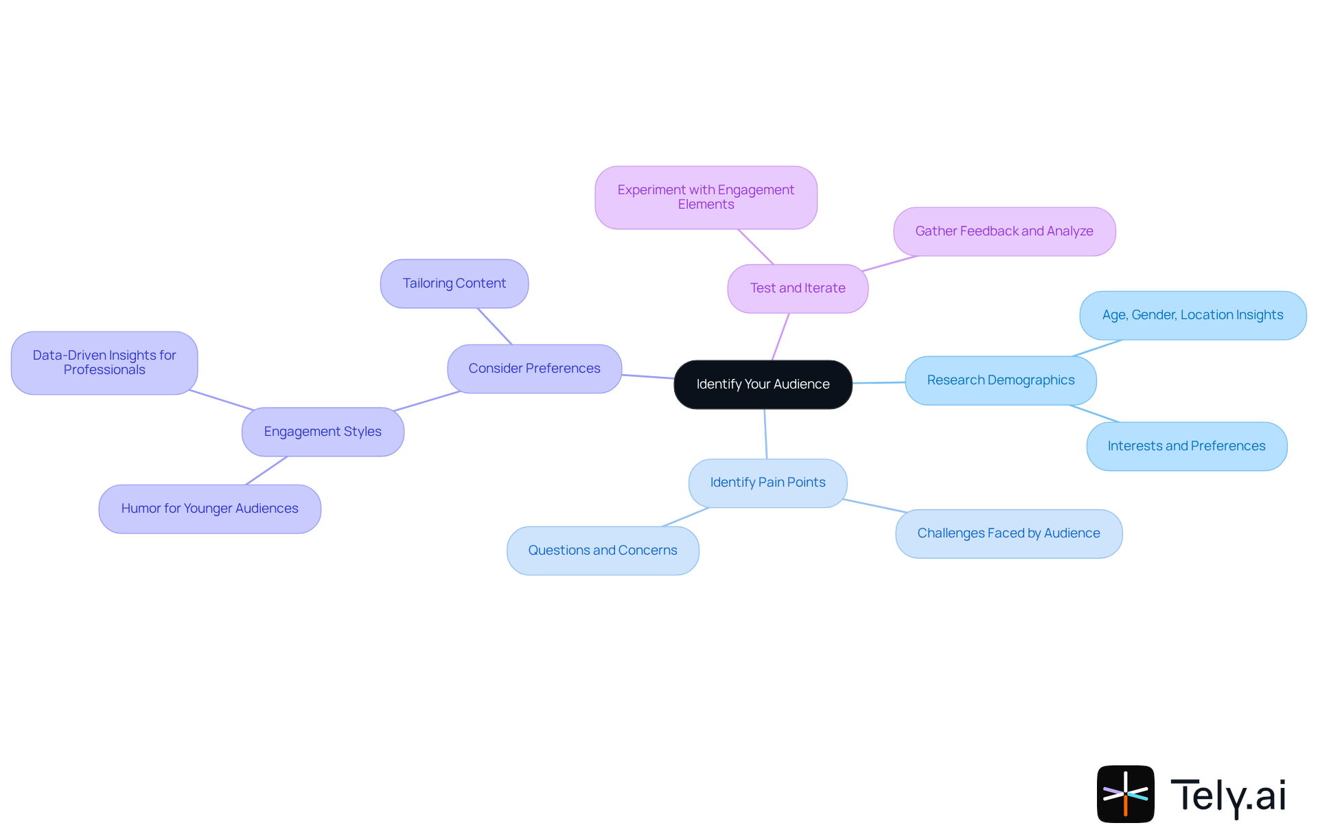 The central node represents the main goal of understanding your audience. Each branch shows a key step in the process, helping you see how to connect with your readers effectively.