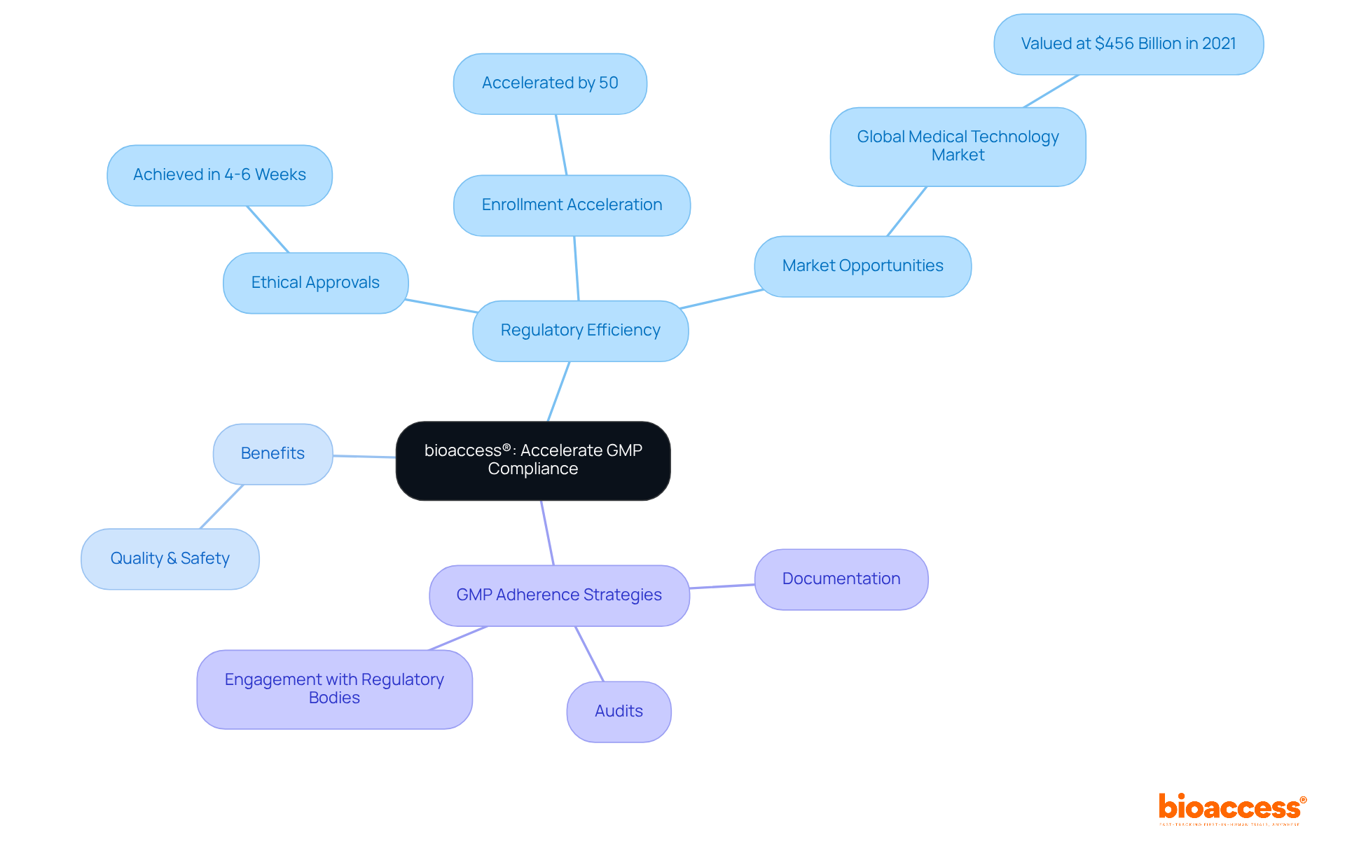 The central node represents bioaccess® and its core goal. The branches show different aspects of its services, including how it improves regulatory processes and what strategies are effective in achieving GMP compliance.