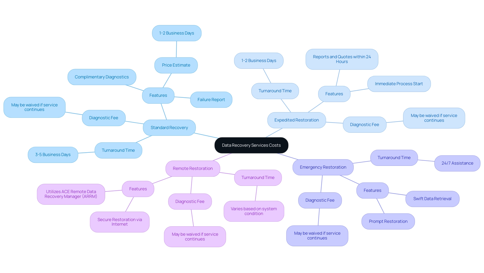 The central node represents the overall topic, with branches showing different recovery service options and their respective features.