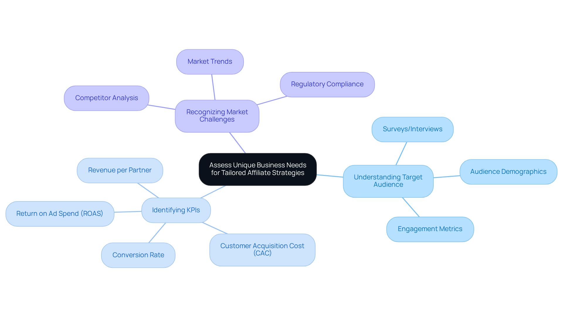 The center represents the main goal of assessing business needs. Each branch shows a key area to focus on, with further details branching out to provide actionable insights. This layout helps visualize how each component contributes to developing effective affiliate strategies. The center represents the main goal of assessing business needs. Each branch shows a key area to focus on, with further details branching out to provide actionable insights. This layout helps visualize how each component contributes to developing effective affiliate strategies.
