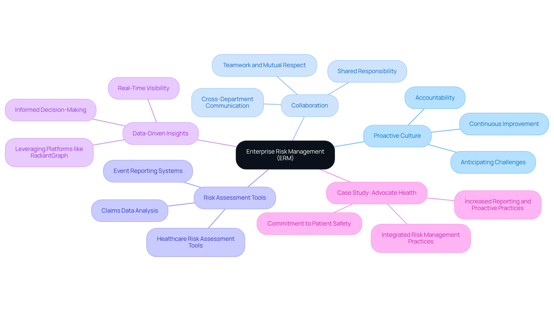 The central node represents ERM, with branches showing key components and strategies. Each branch highlights how different aspects contribute to a proactive culture in healthcare, making it easier to understand the relationships and importance of each element.