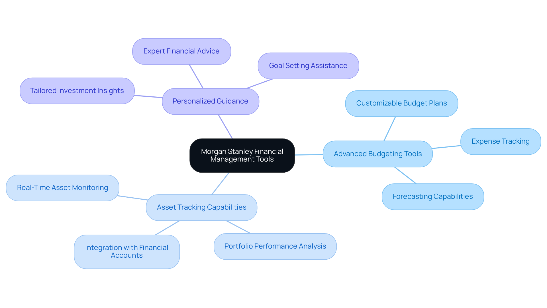 The center represents Morgan Stanley's tools, with branches showing the key features. Each branch highlights how these tools help users manage their finances better.
