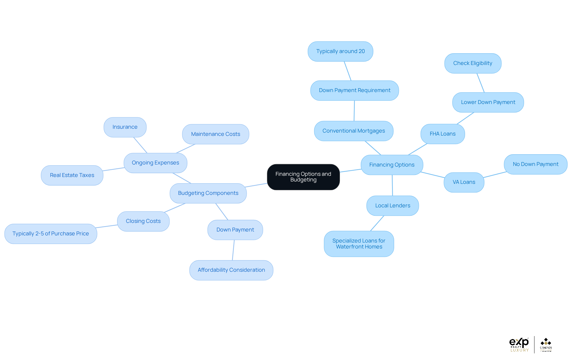 The central node represents the overall topic, while the branches show different financing options and budgeting components. Each sub-branch provides specific details to help you understand your choices.