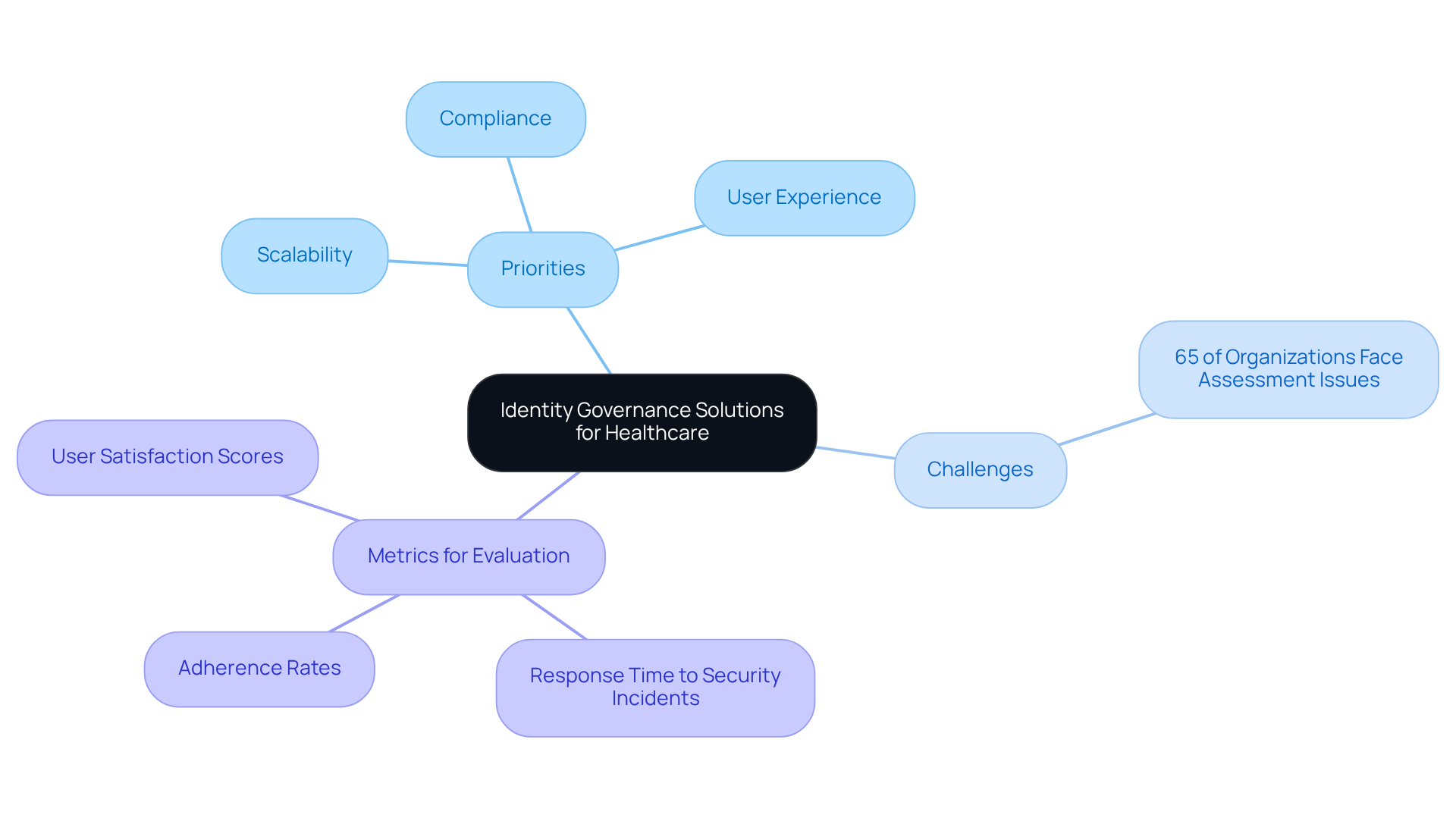 The central node represents the main topic, while branches show important aspects like priorities, challenges, and metrics. Each branch helps you understand different factors that healthcare organizations should consider when evaluating governance solutions.