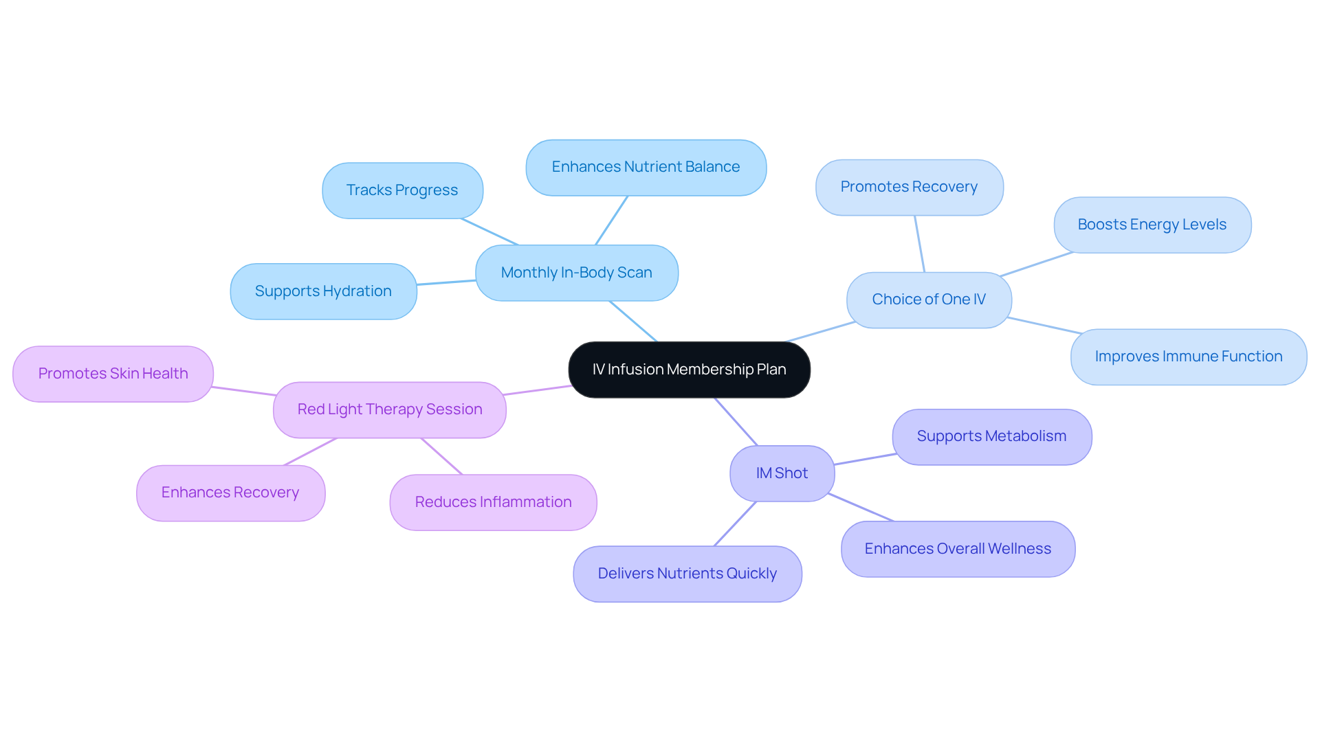 This mindmap starts with the main membership plan at the center. Each branch represents a different service included in the plan, showing how they contribute to your health and wellness journey. Follow the branches to see the specific offerings and their benefits!