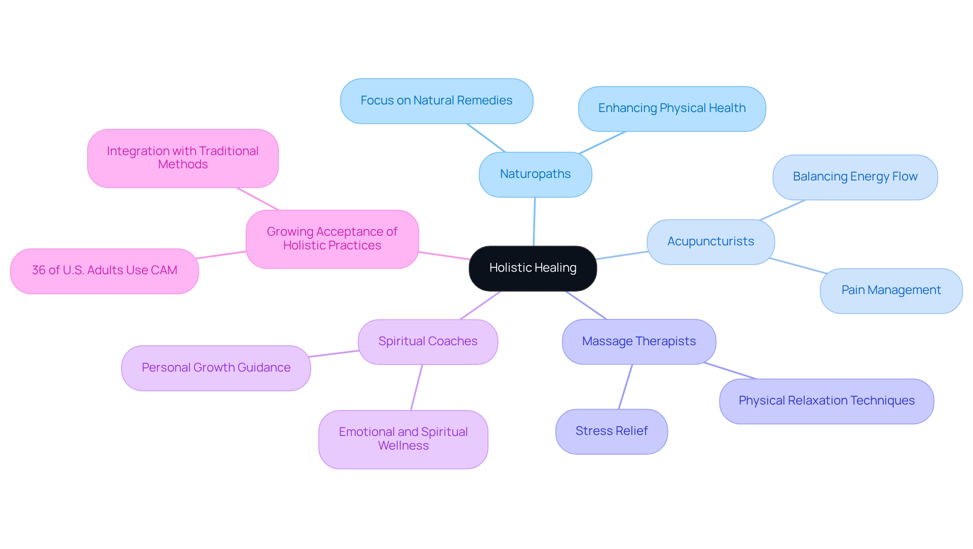 The central node represents holistic healing, while the branches show different types of practitioners. Each branch highlights their unique approaches to wellness, helping you understand who can support your healing journey. The central node represents holistic healing, while the branches show different types of practitioners. Each branch highlights their unique approaches to wellness, helping you understand who can support your healing journey.