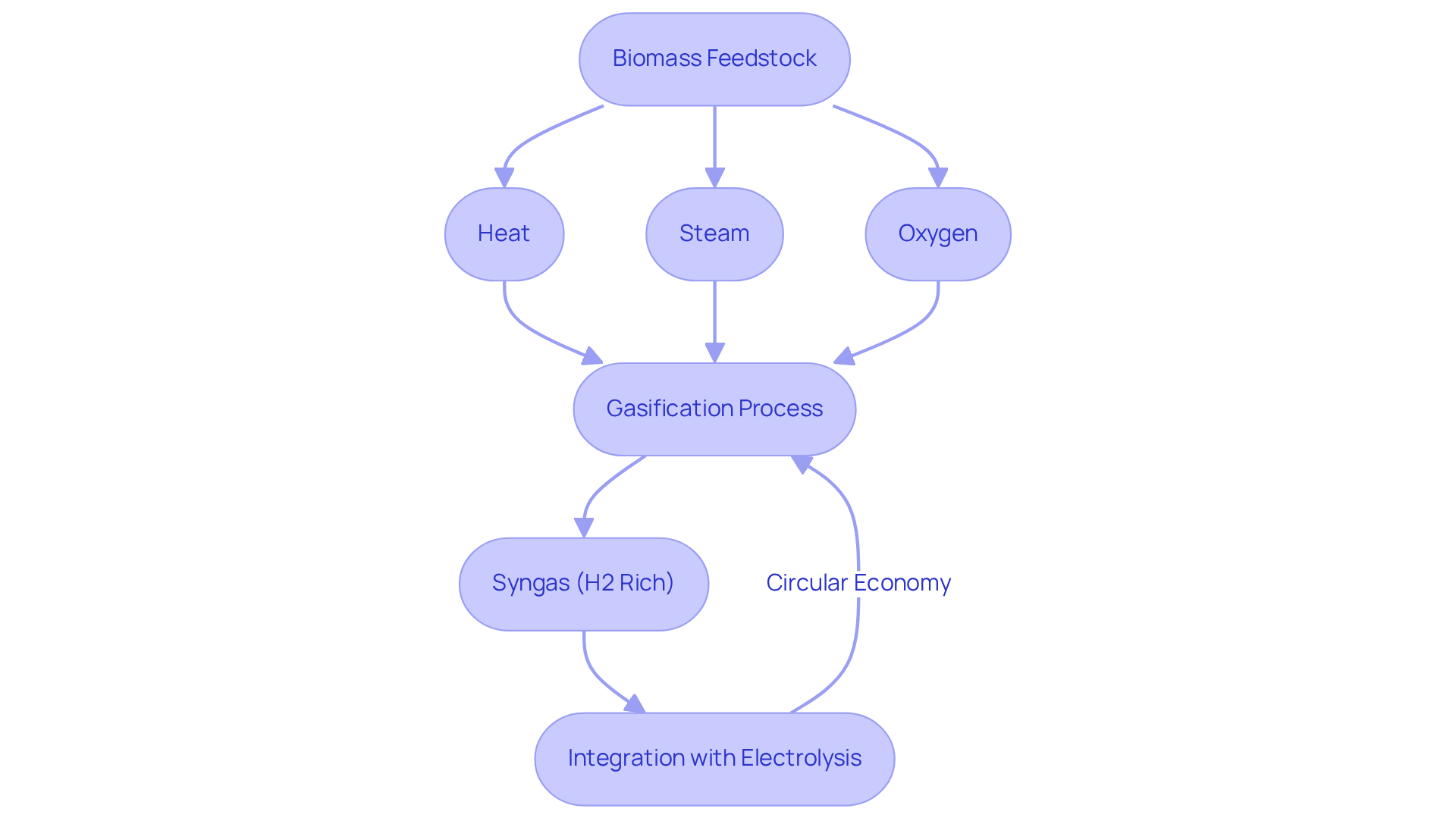 This flowchart shows how biomass is converted into hydrogen. Each box represents a step in the process, and the arrows indicate the flow of materials and energy. The integration with electrolysis highlights how these technologies can work together for better efficiency.